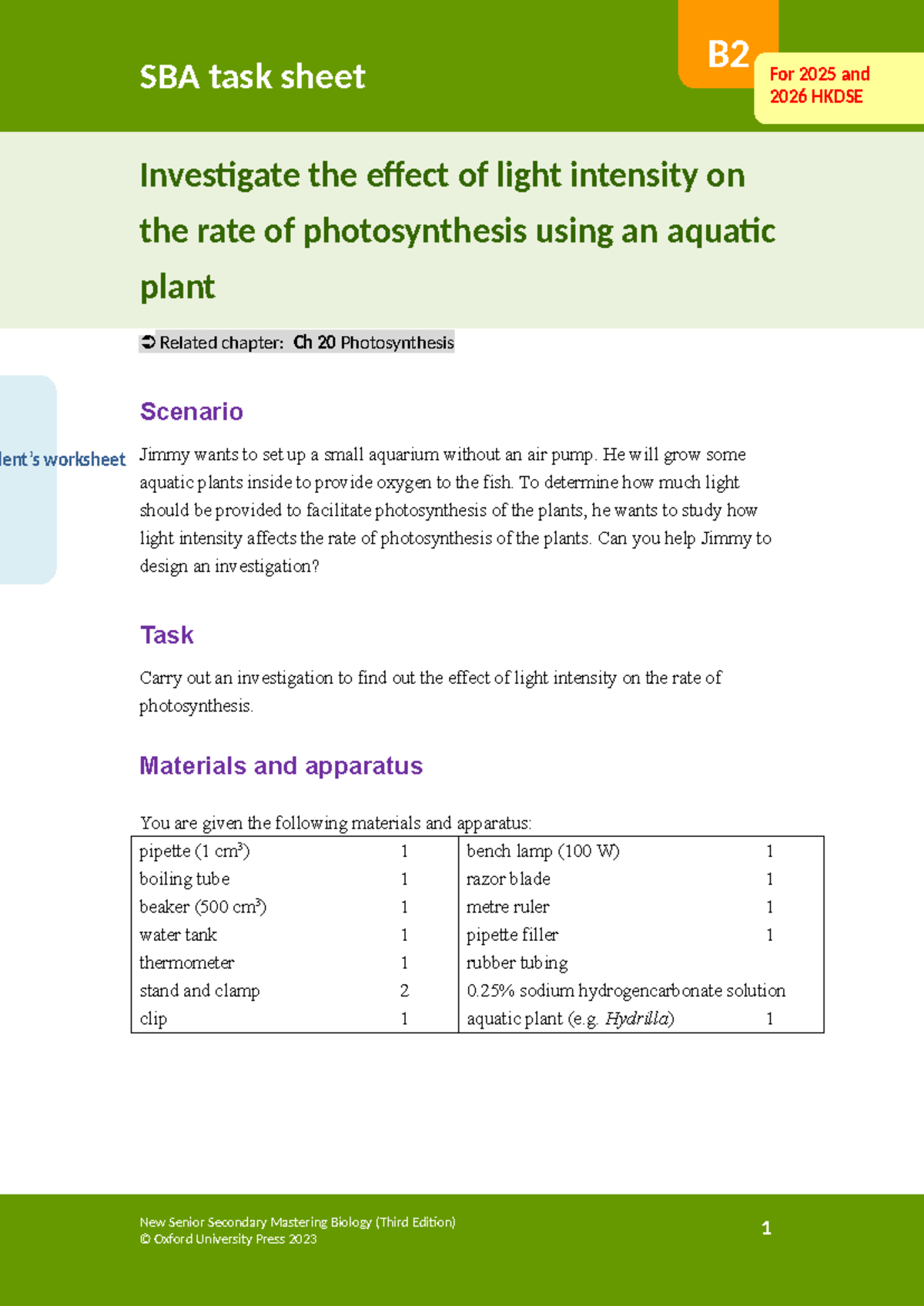 SBA Task Sheet: Investigating Light Intensity Effects on Photosynthesis ...