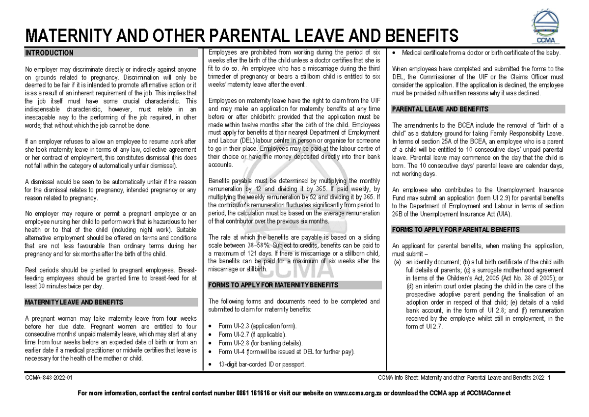 CCMA-I848-2022-01: Maternity and Parental Leave Benefits Overview - Studocu
