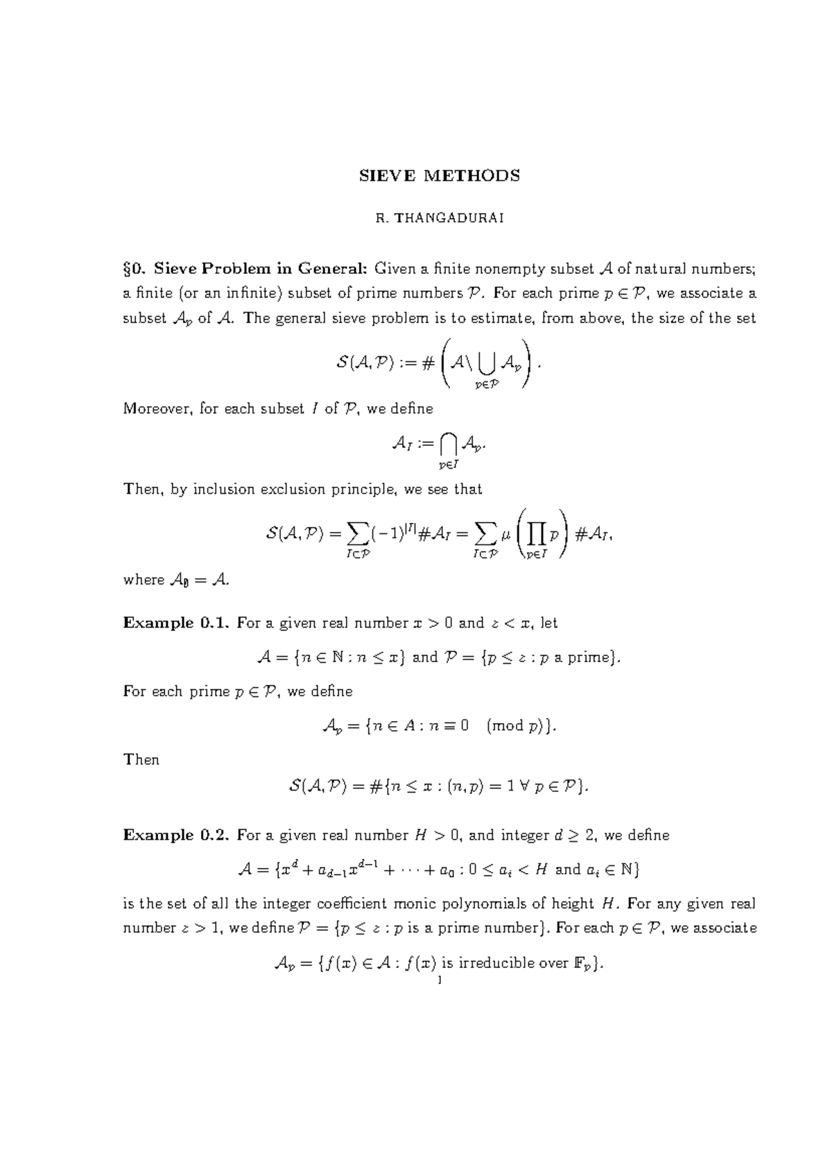 SIEVE METHODS: AIS Notes by R. Thangadurai - Studocu