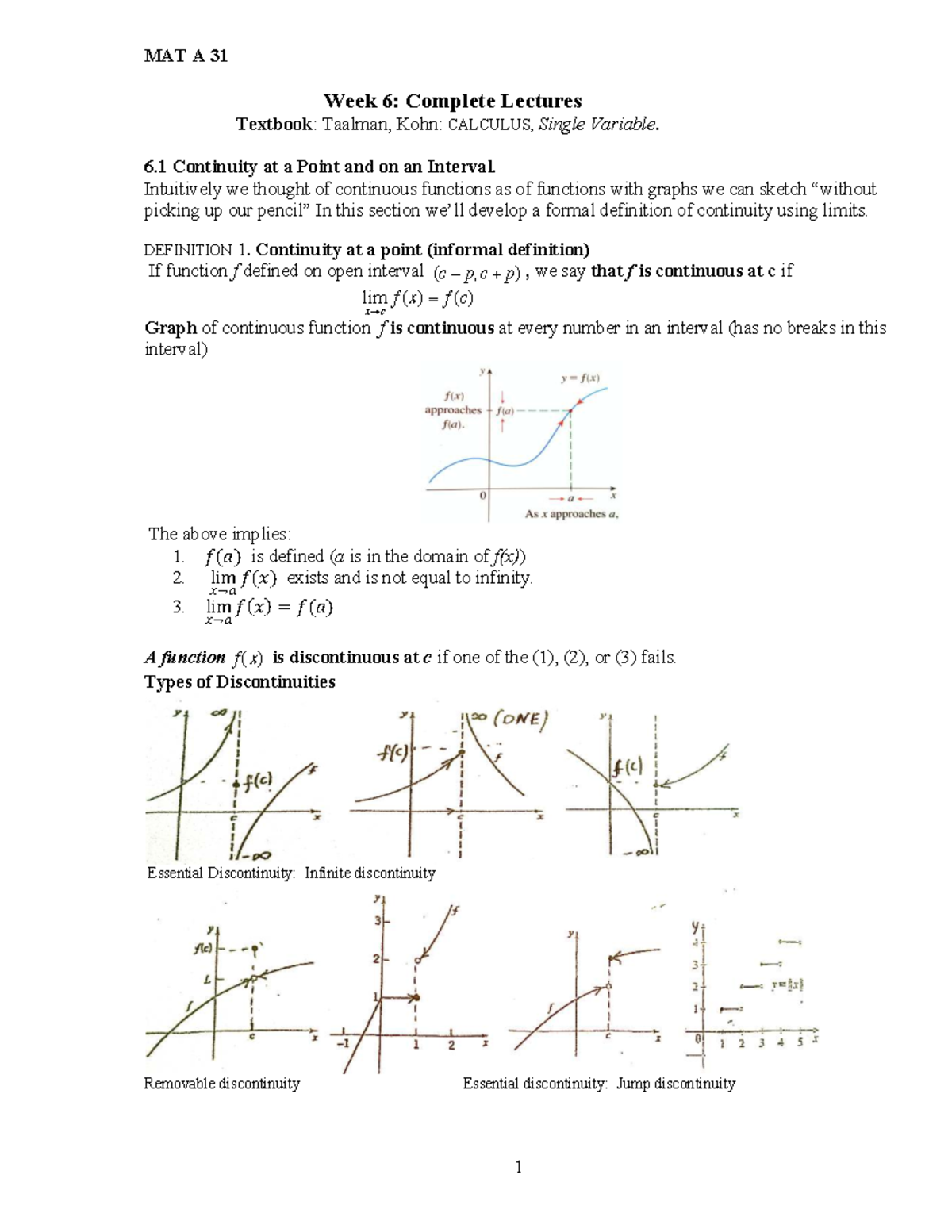 MAT A 31 Week 6: Continuity and Discontinuities in Calculus - Studocu