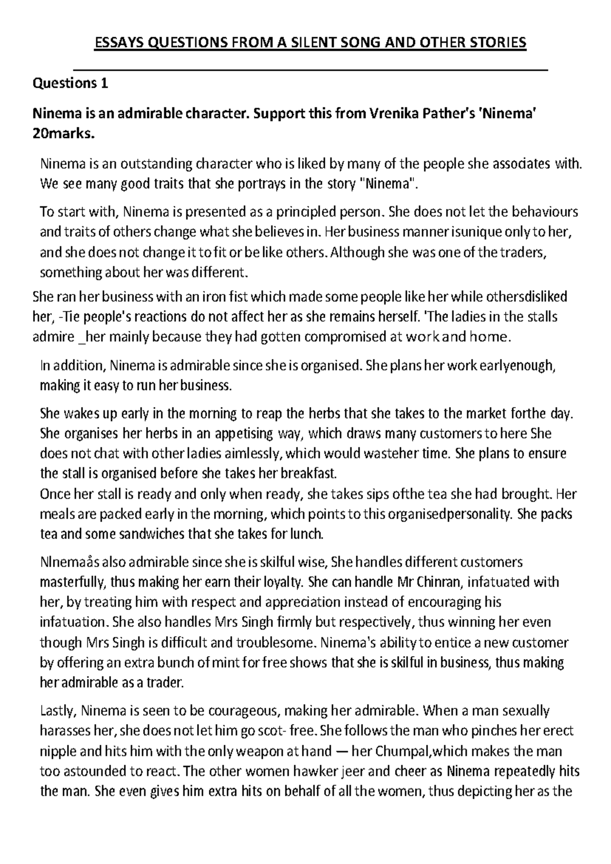 Essays on 'A Silent Song' and Other Works: Key Questions & Themes - Studocu