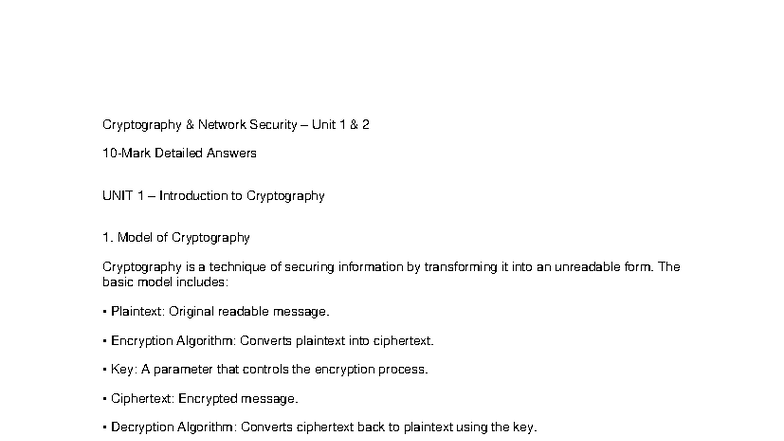 CNS Unit 1 & 2: Detailed Answers on Cryptography Concepts - Studocu