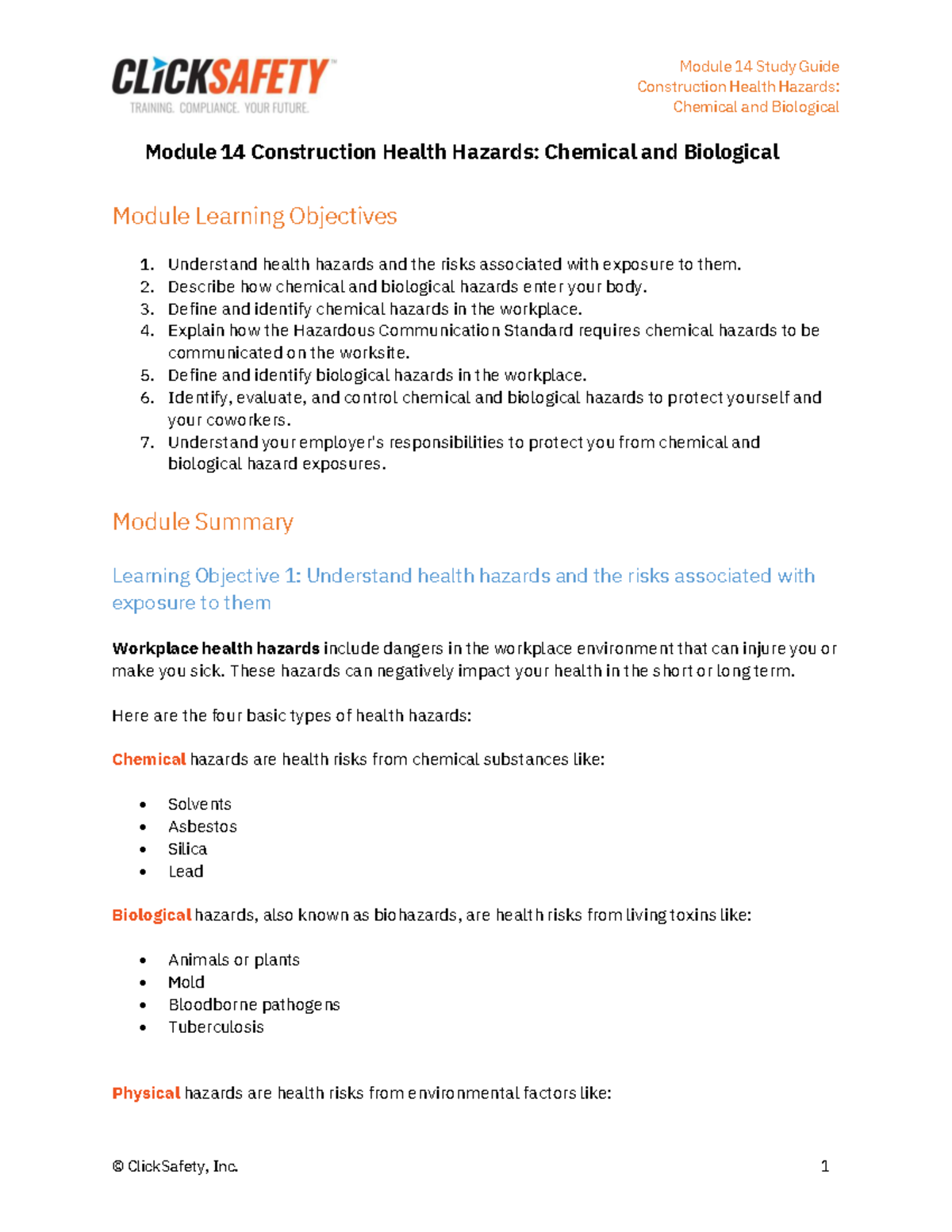 Module 14 Study Guide: Construction Health Hazards - Chemical ...