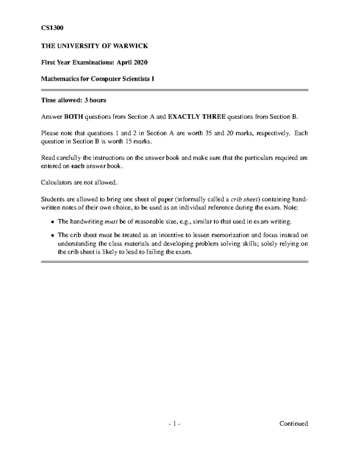 CS130 - 2020 Exam Practice Questions - CS THE UNIVERSITY OF WARWICK First Year Examinations ...