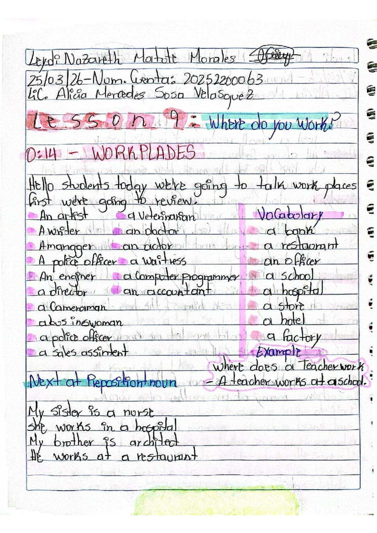 Leydi Matute U3T1a33 - Lesson Notes on Workplaces in English Class ...