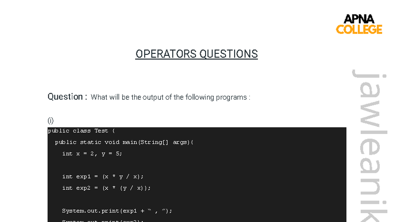 Operators Questions - Lecture Notes on Java Output Analysis - Studocu