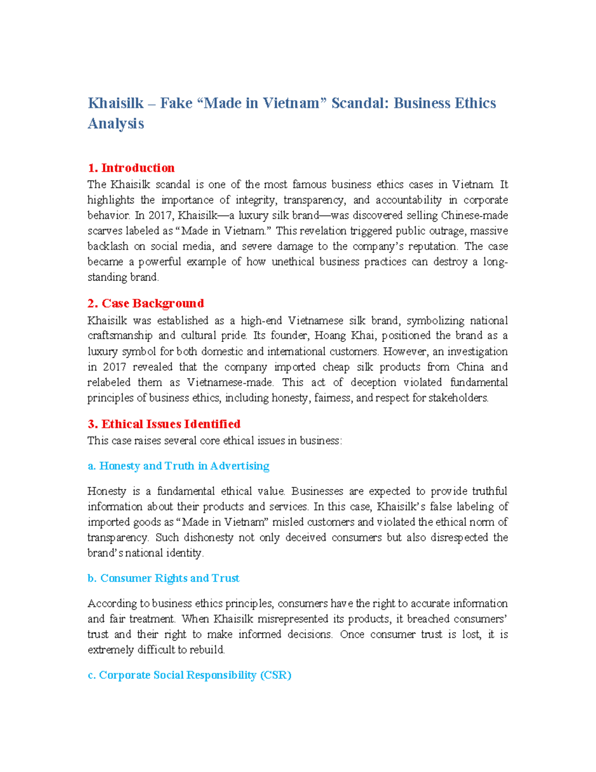 Khaisilk Scandal: A Business Ethics Case Study Analysis - Studocu