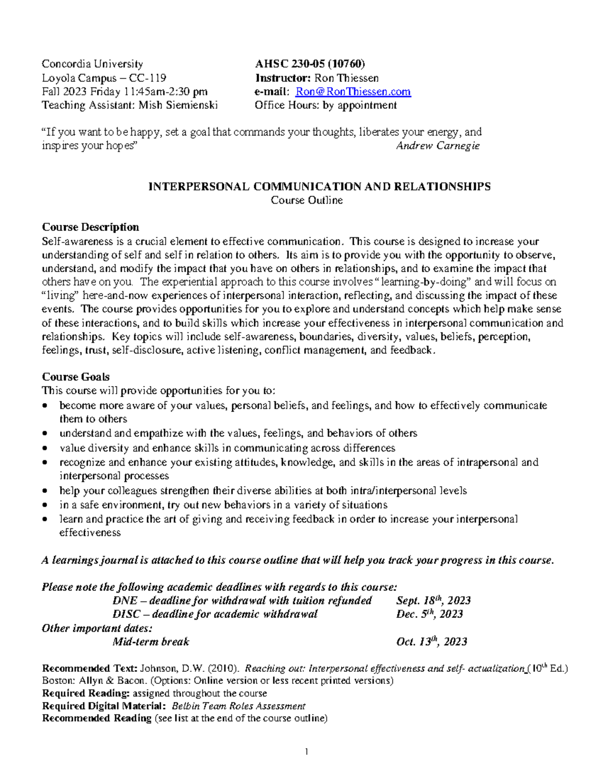 AHSC 230 Course Outline: Interpersonal Communication & Relationships ...