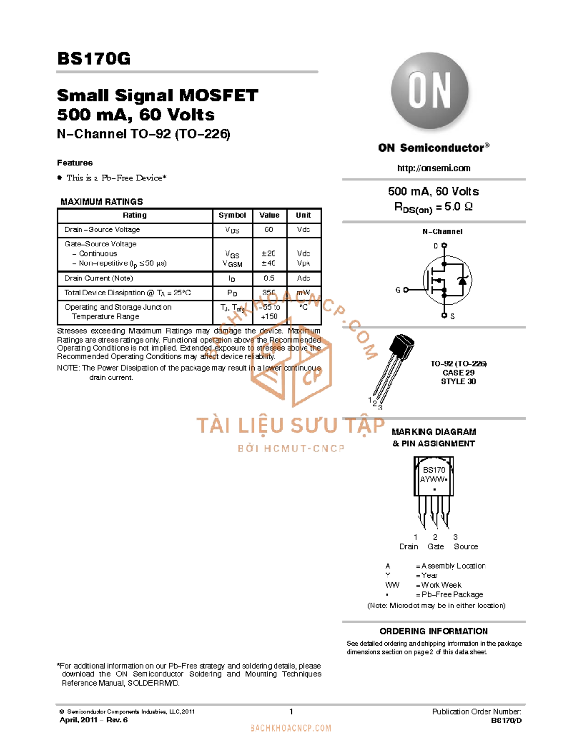 BS170G Small Signal MOSFET 500 mA, 60V Specifications and Ratings - Studocu