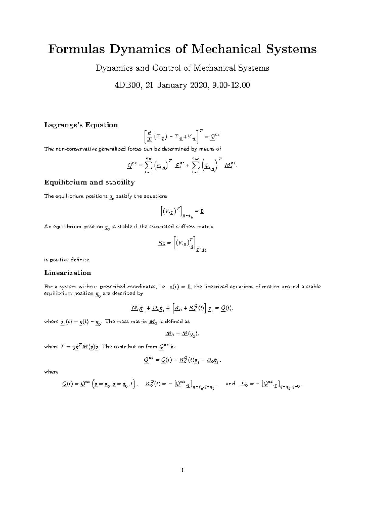 Formuleblad 4DB00 - Formulas for Dynamics of Mechanical Systems ...