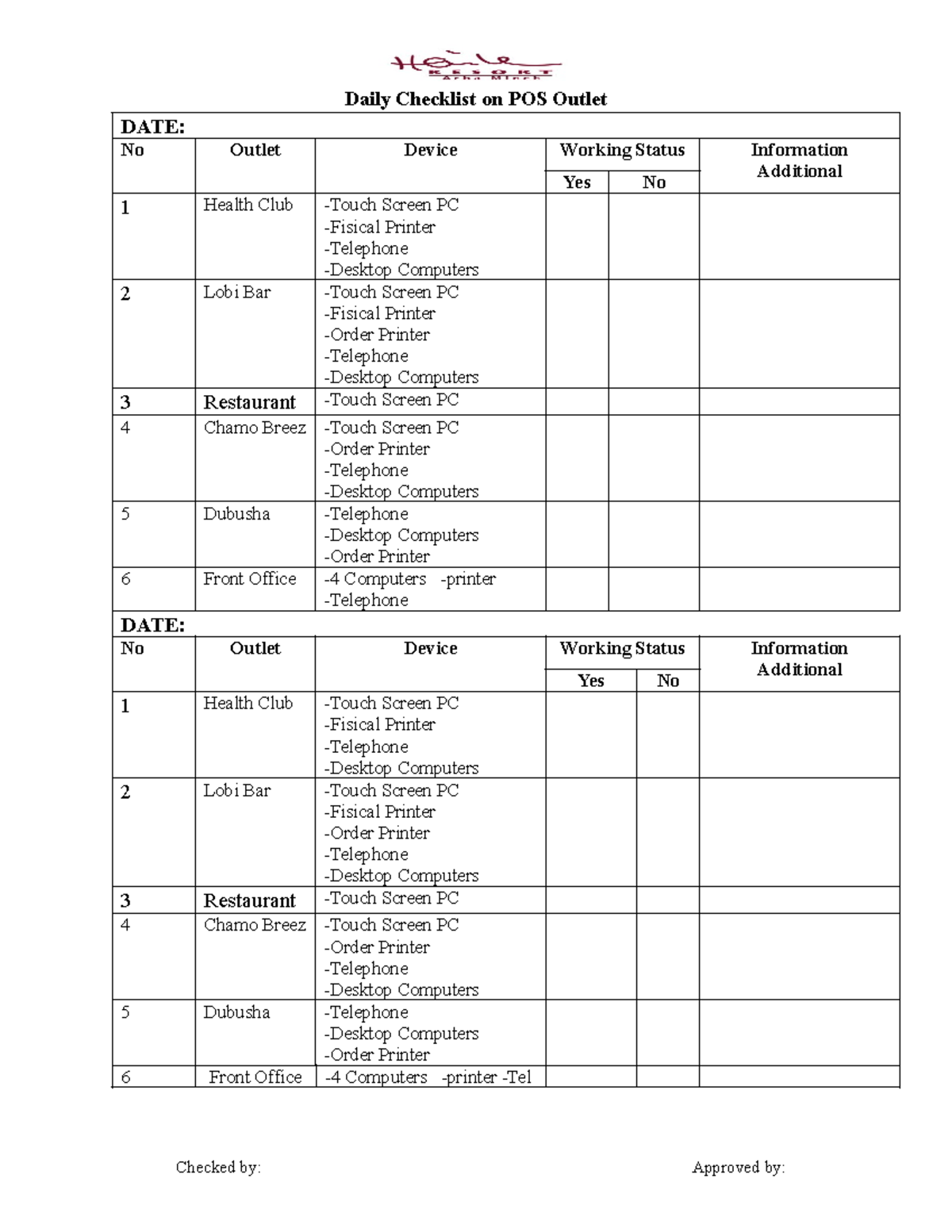 Daily Checklist on POS outlet - Daily Checklist on POS Outlet DATE: No ...