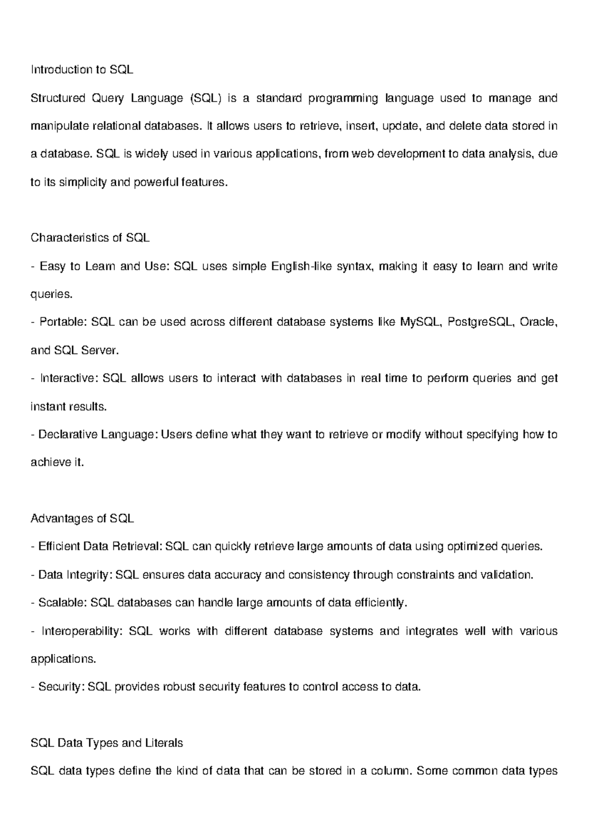 SQL Basics Overview - TGG: A Comprehensive Guide to SQL Fundamentals - Studocu