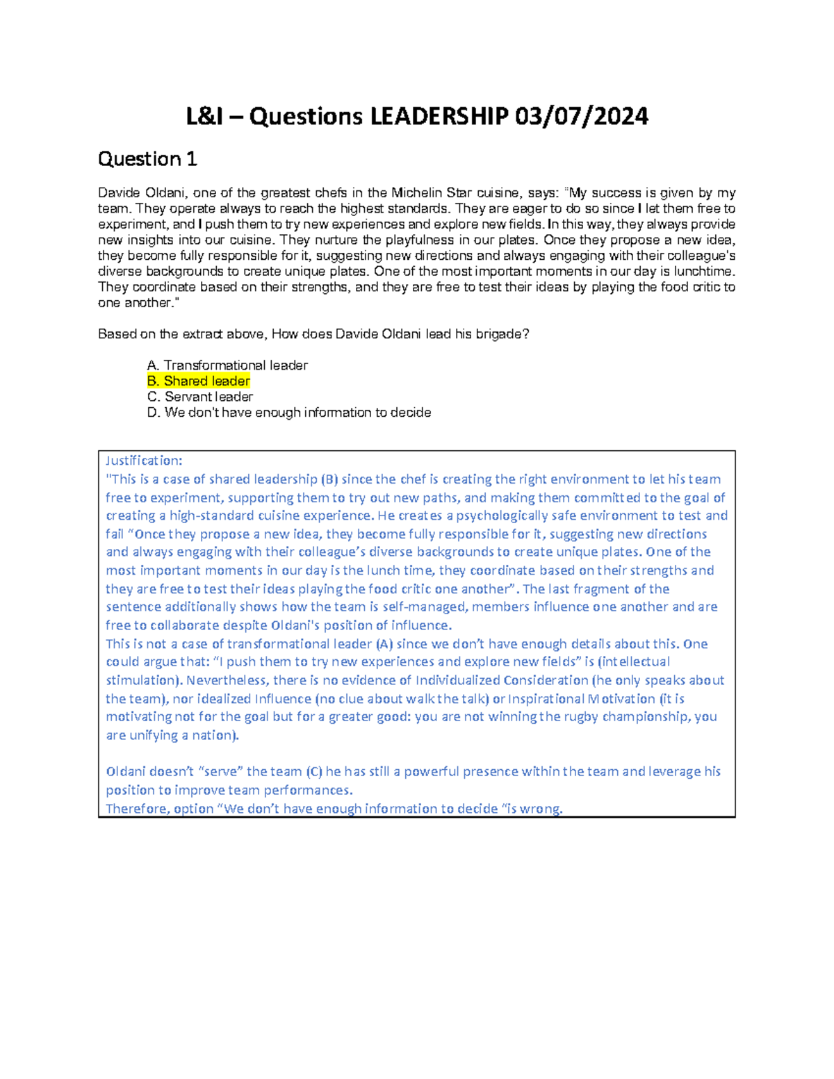 2024 LEADERSHIP Case Study Analysis - TDE - Studocu