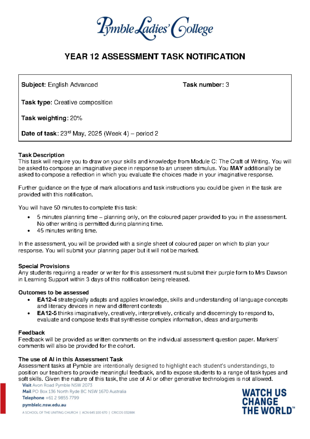 Assessment Notification 2025: 12ENA Creative Composition Task 3 - Studocu