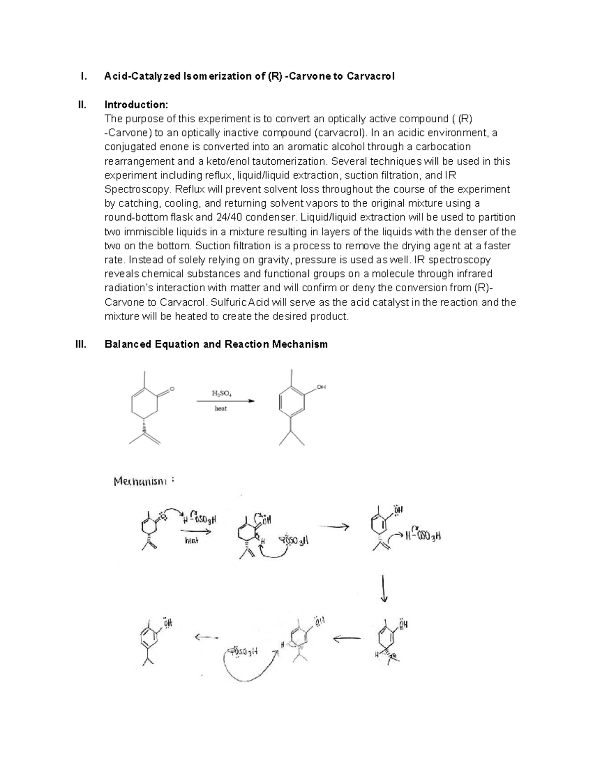Acid-Catalyzed Isomerization of (R)-Carvone to Carvacrol Lab Report ...