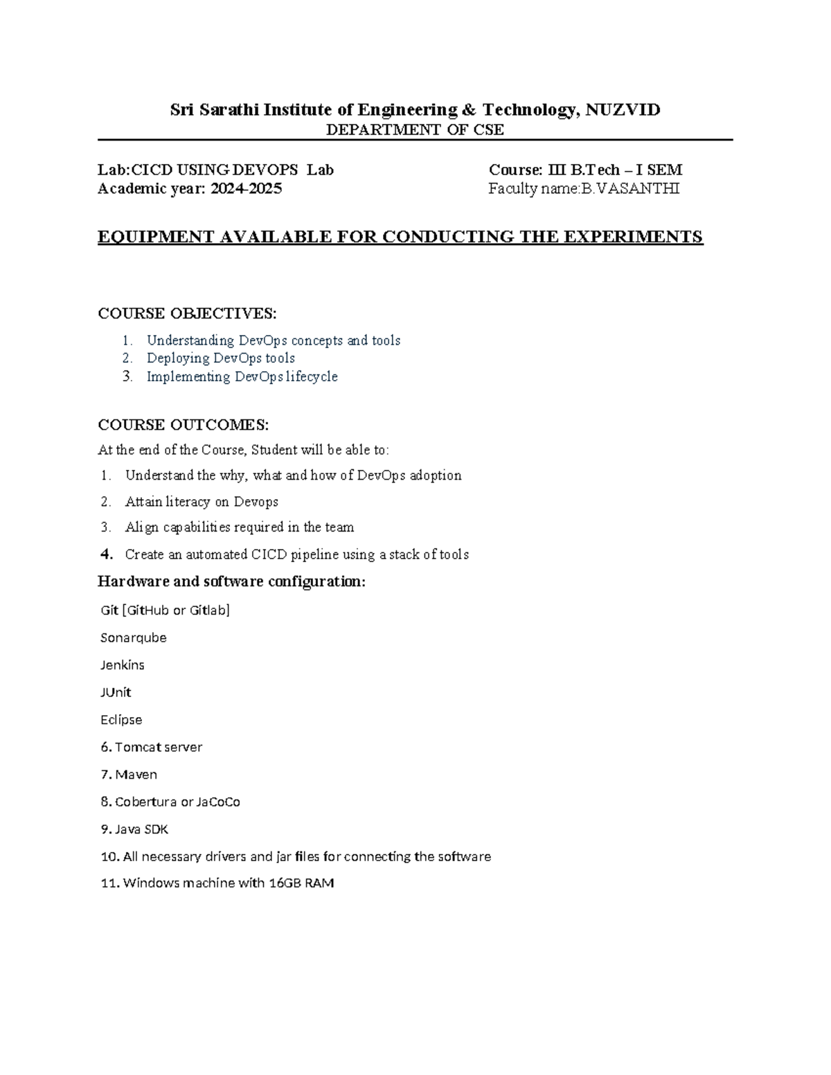 B.Tech I SEM Lab: CICD Using DevOps Equipment Overview - Studocu