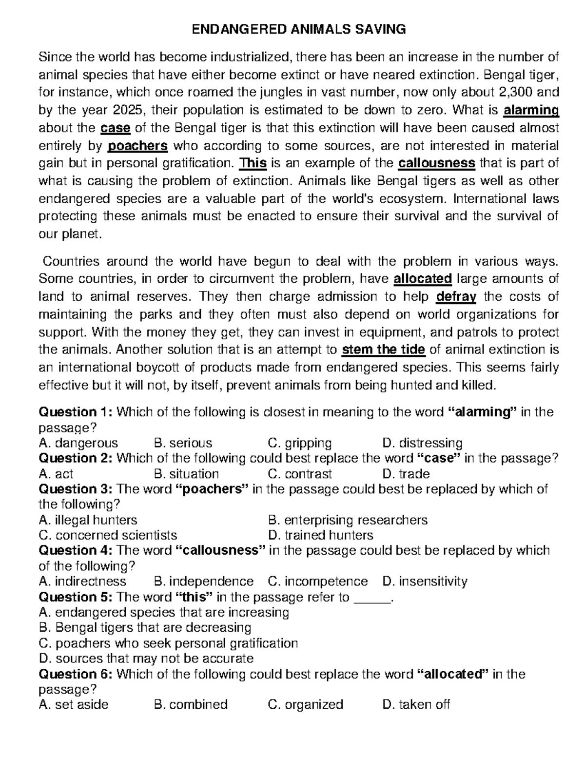 Endangered Animals Reading 1: Conservation Challenges and Solutions ...