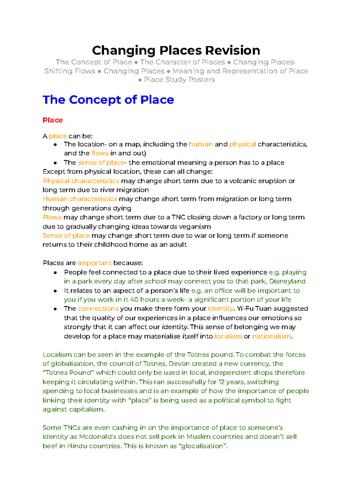 AQA A Level Geography: Changing Places Comprehensive Revision Notes ...