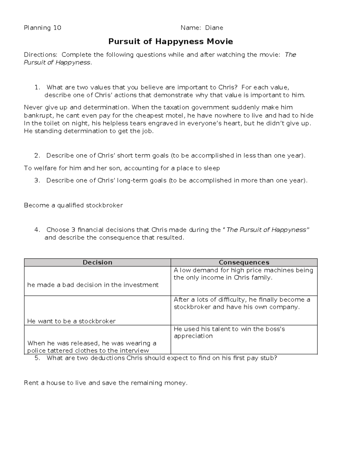 Pursuit of Happyness Questions Sheet - Planning 10 Version 2-2bgncys ...