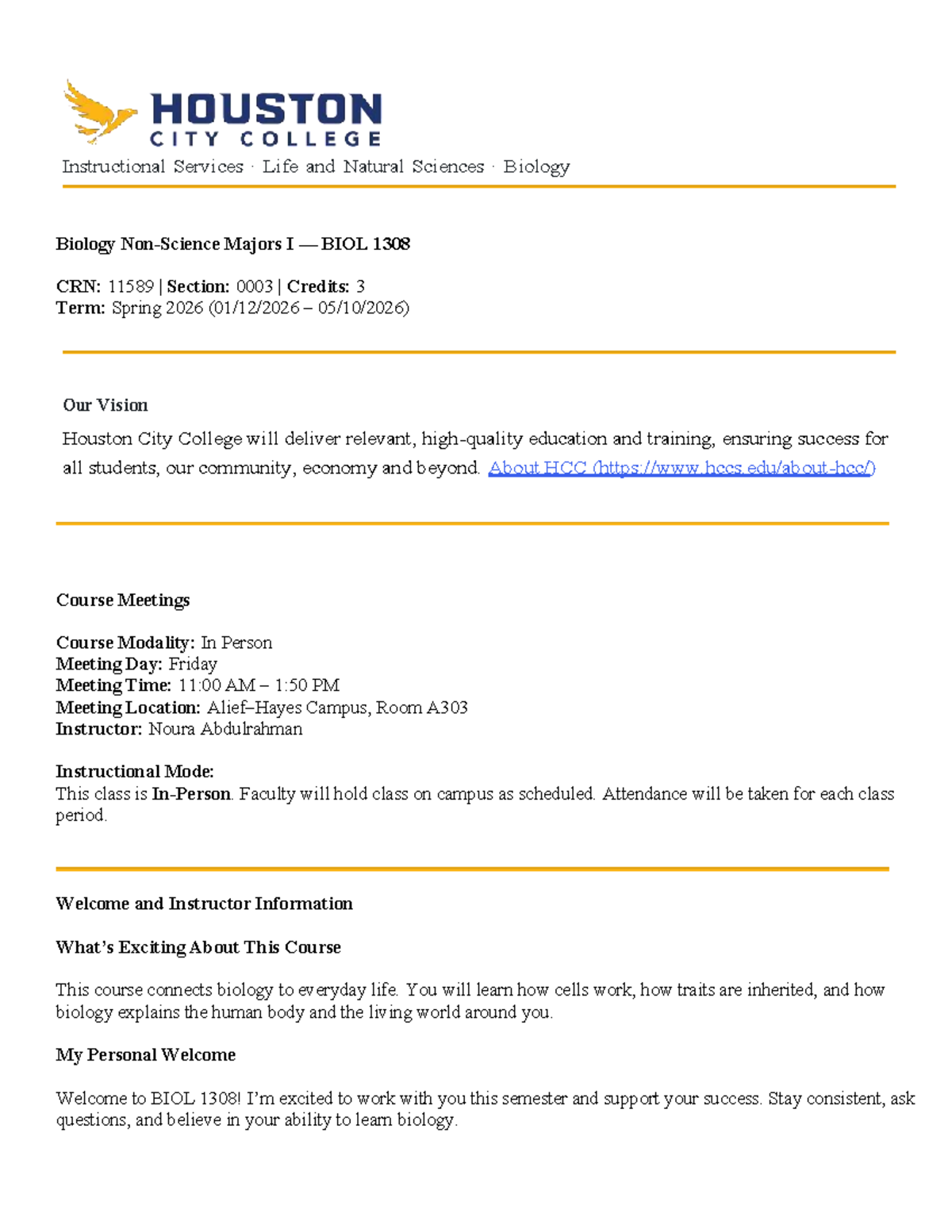 BIOL 1308 Spring 2026: Intro to Biology for Majors Syllabus - Studocu