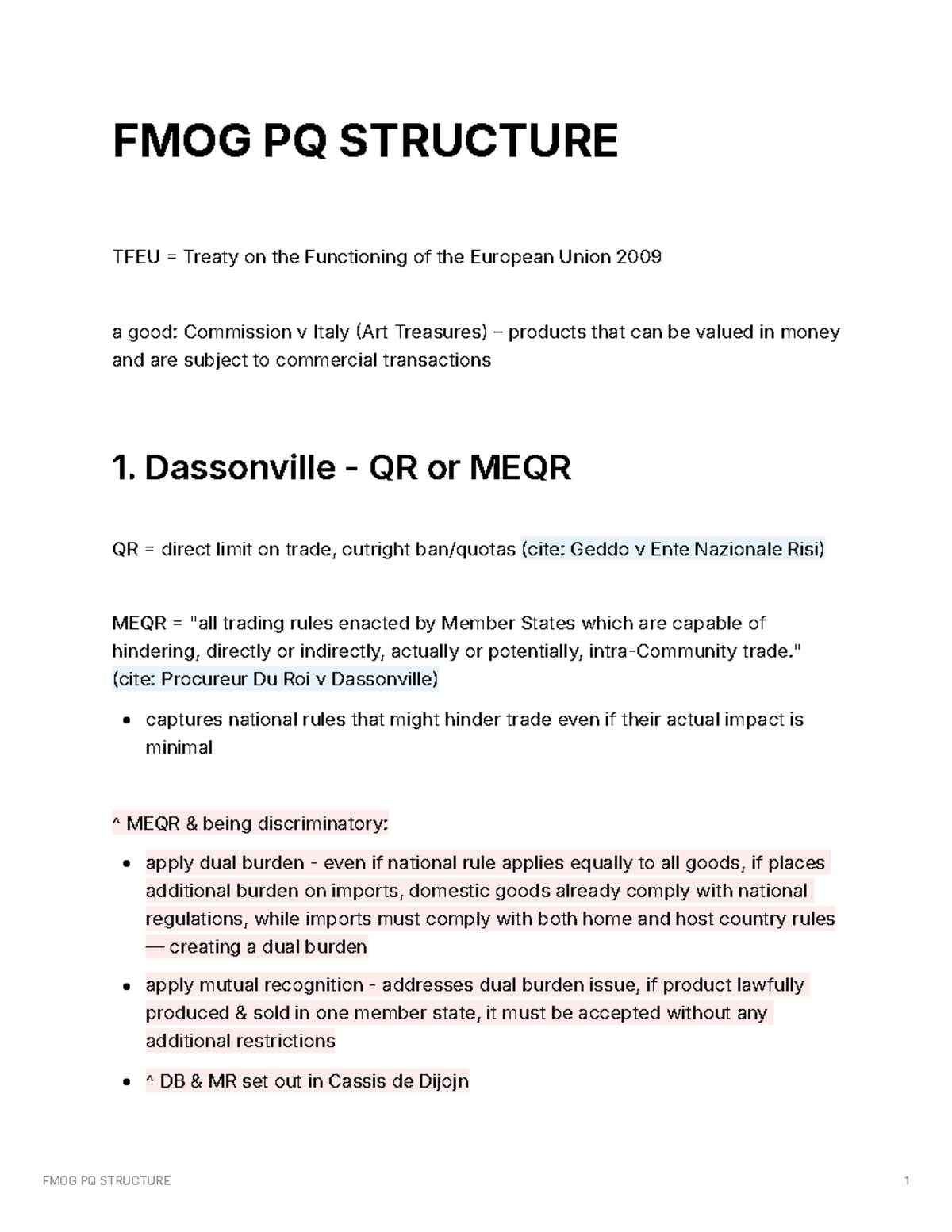 FMOG PQ Structure: TFEU Analysis of Commission v Italy (Art Treasures ...