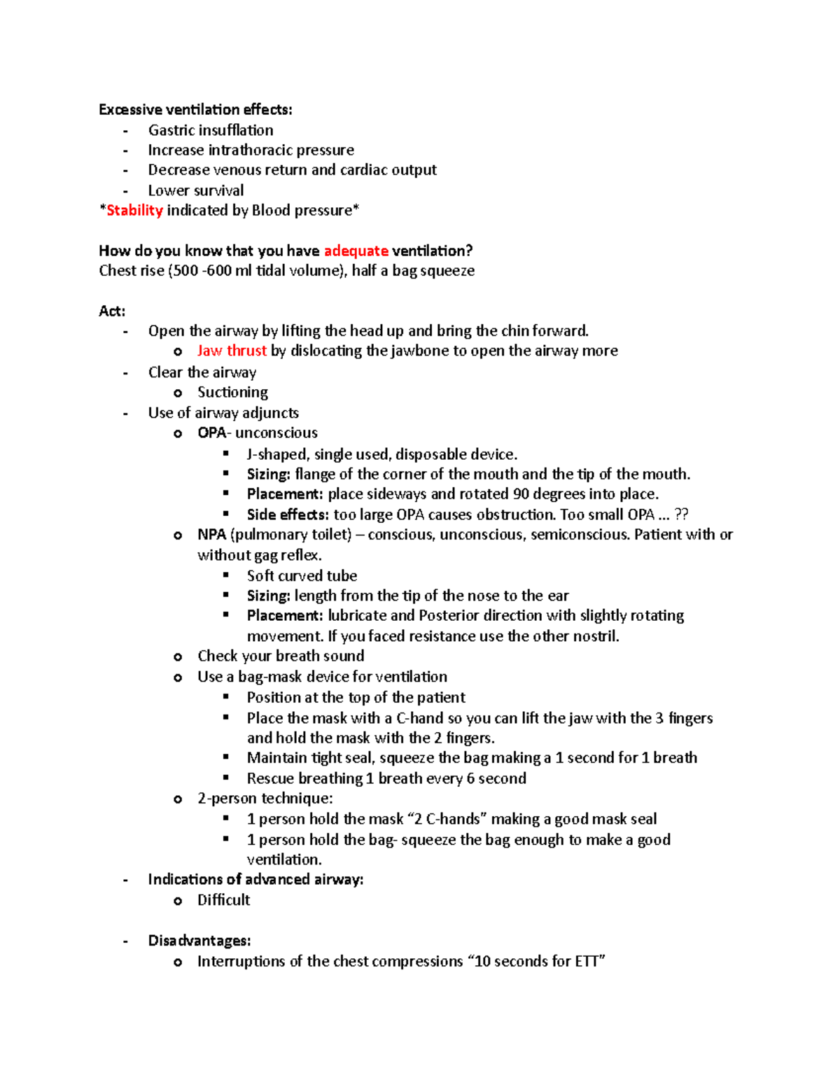 Class 5 - Notes - Excessive ventilation effects: - Gastric insufflation ...