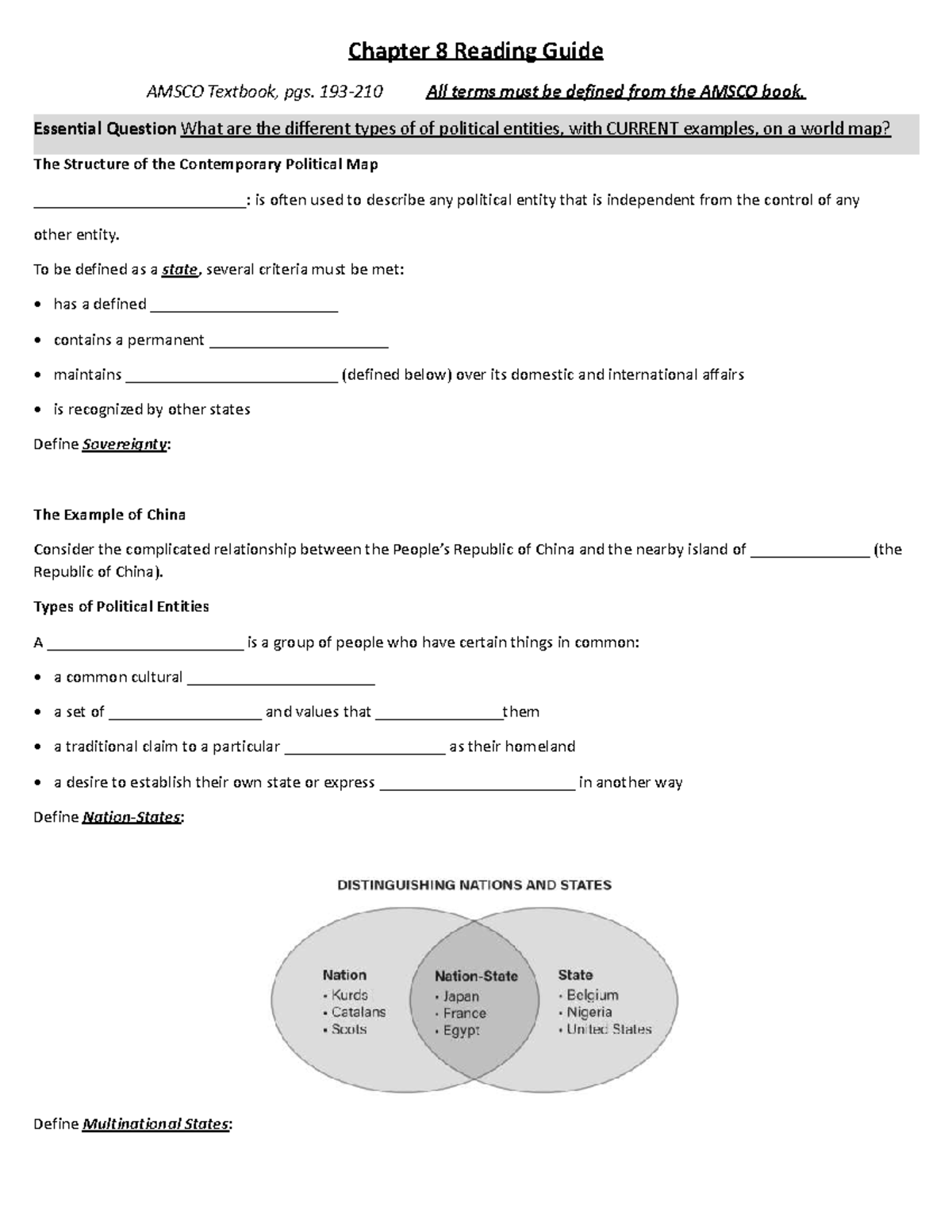 Amsco Unit 4 Reading Guide: Political Entities and Sovereignty - Studocu