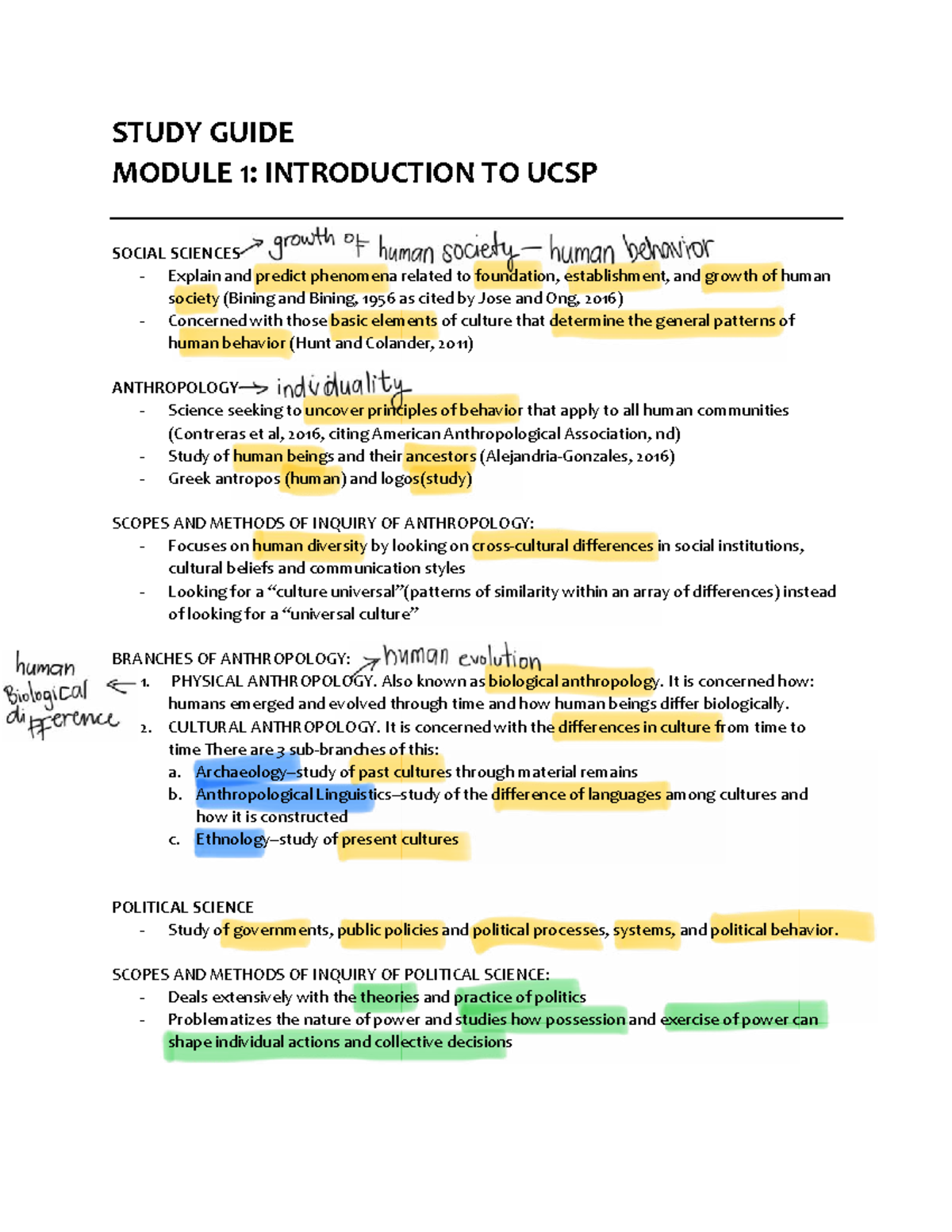 UCSP 101 Study Guide: Introduction to Social Sciences and Anthropology ...
