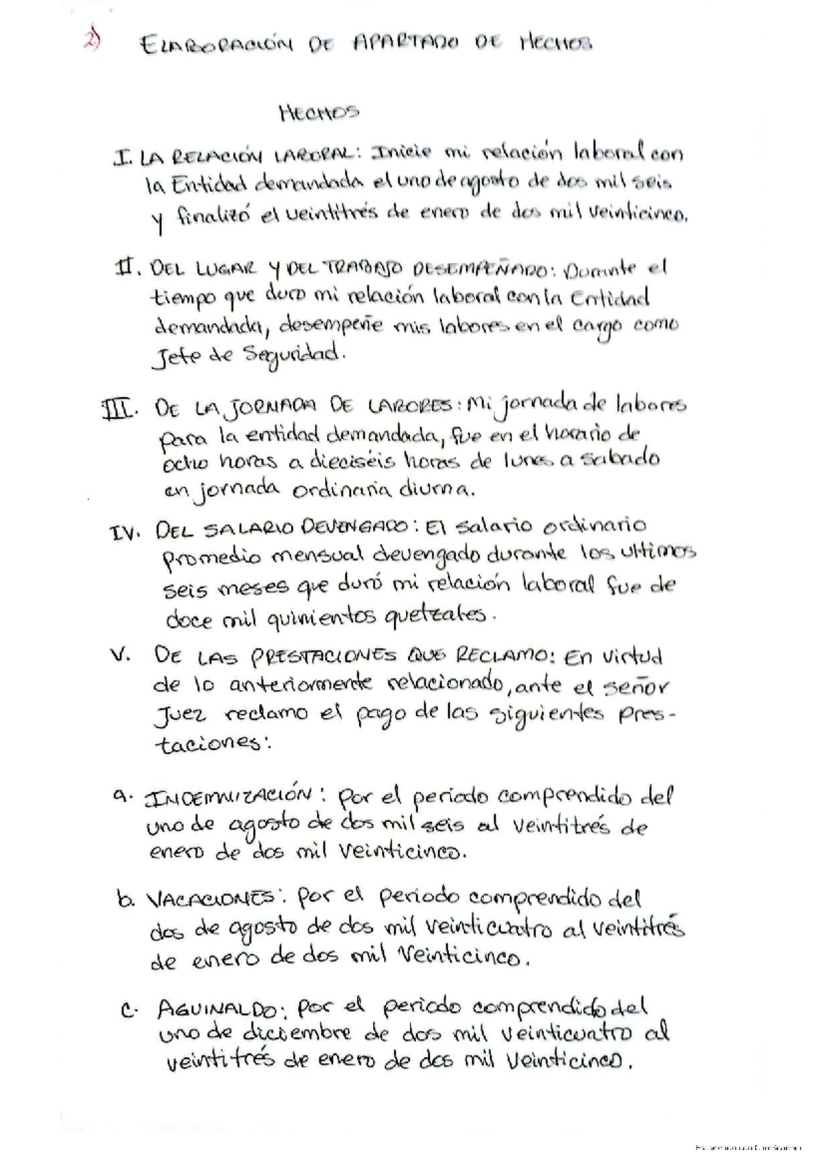 Apartado de Hechos - Derecho Laboral (DL 101) - Studocu