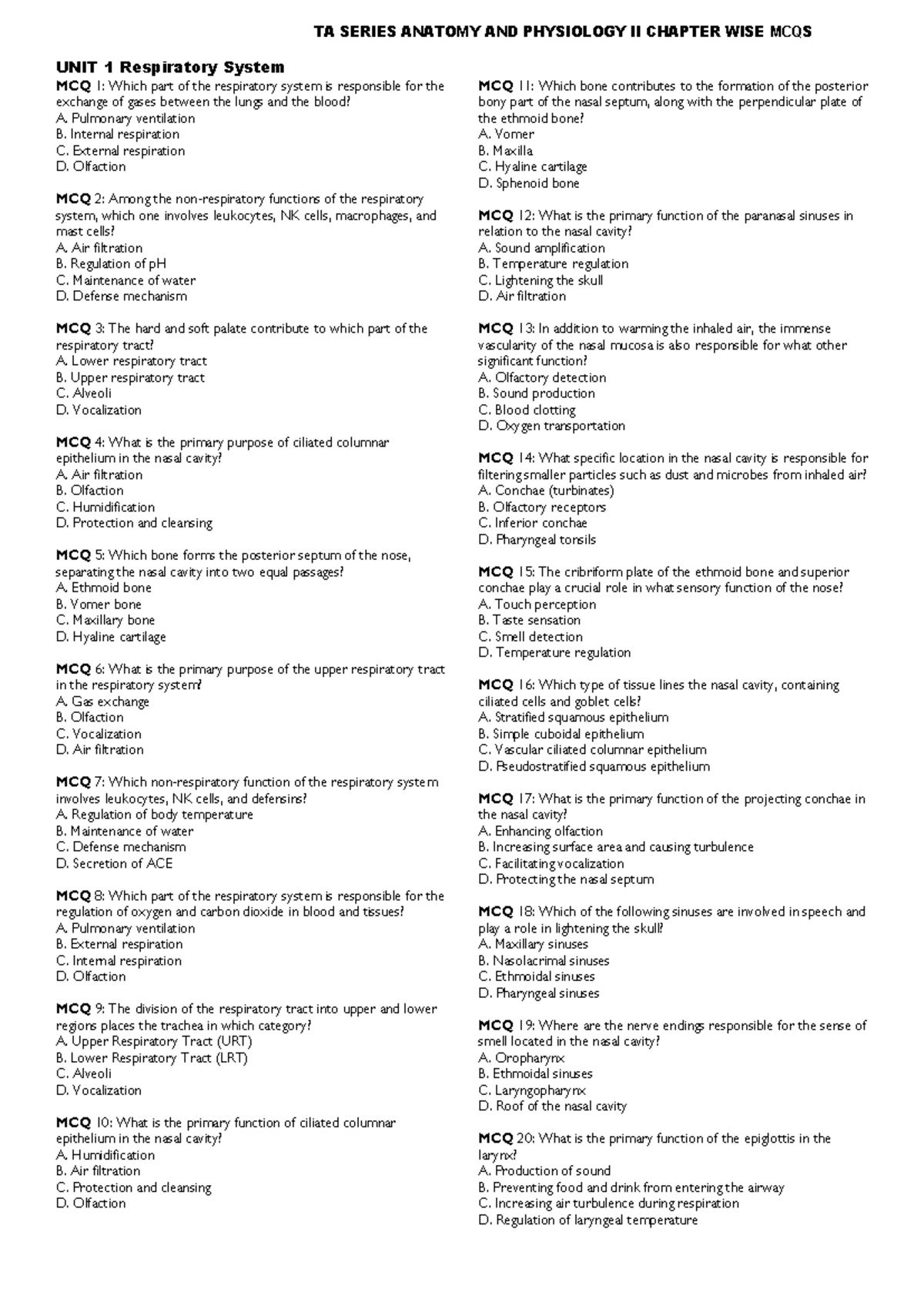TA SERIES ANATOMY AND PHYSIOLOGY II CHAPTER WISE MCQS UNITS 1-6 ...