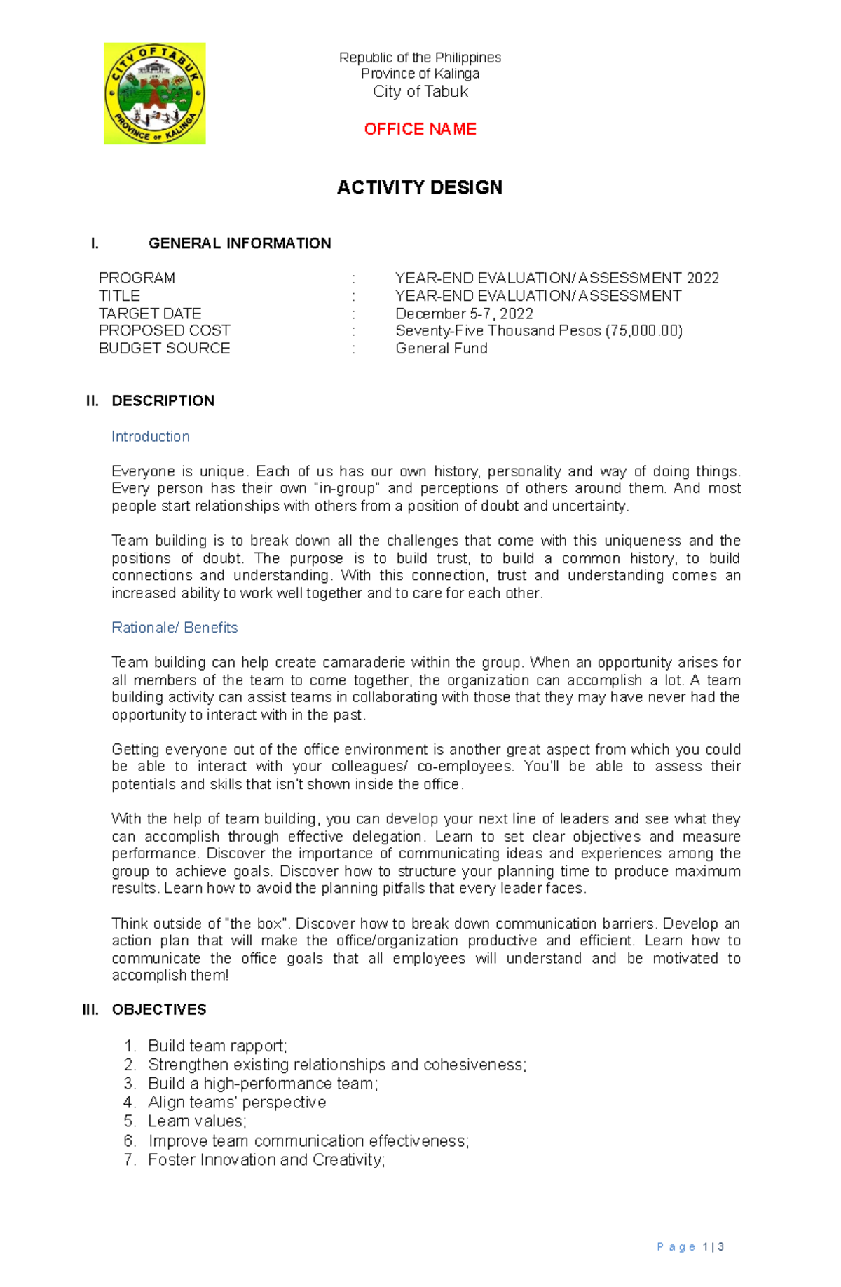 Activity Design Memo: Year-End Evaluation/Assessment 2022 - Studocu