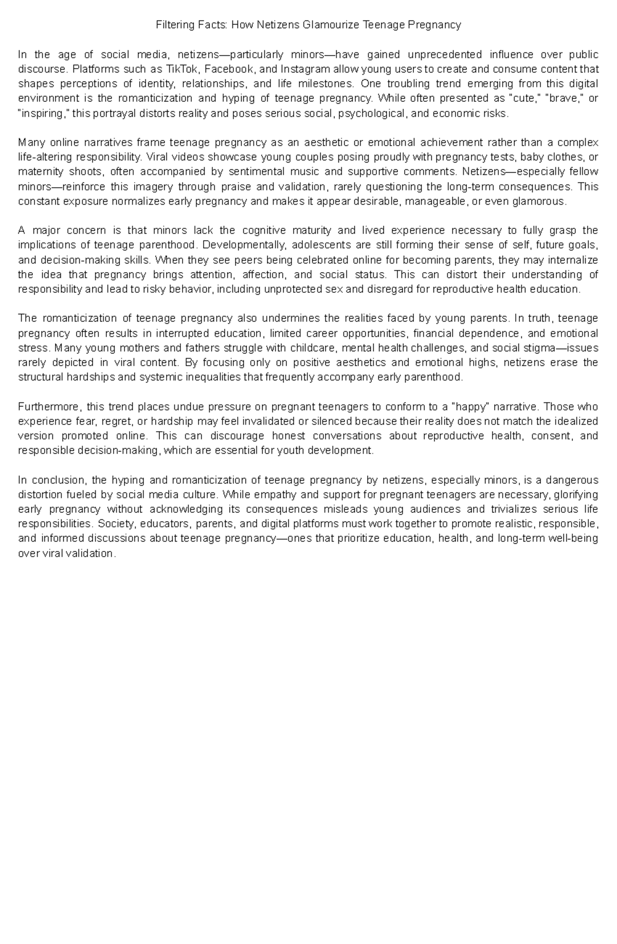 Filtering Facts: The Glamourization of Teenage Pregnancy Online - Studocu