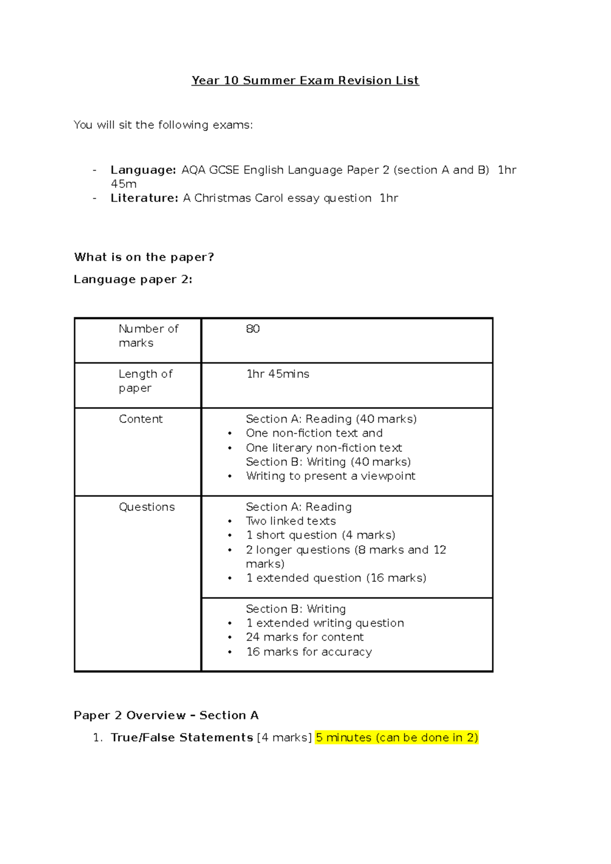 Year 10 English Language & Literature Summer Exam Revision Guide - Studocu