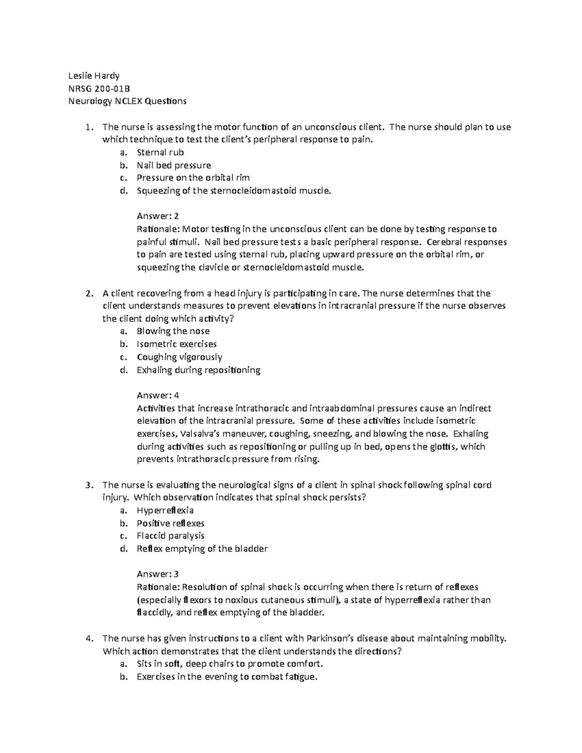 Nursing 3 Final Exam 4 - Intracranial Pressure Review & Practice ...