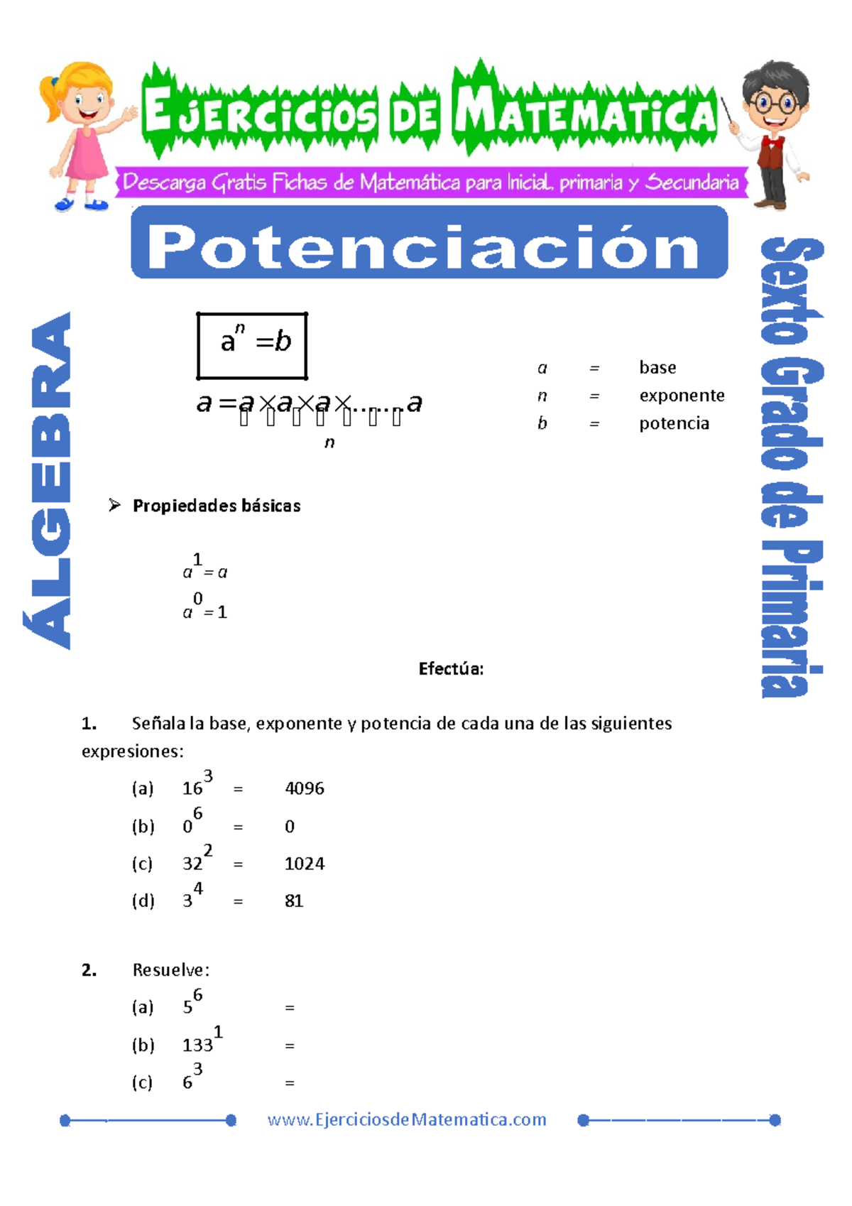 Ejercicios de Potenciacion para Sexto de Primaria - a = base n = exponente b = potencia - Studocu