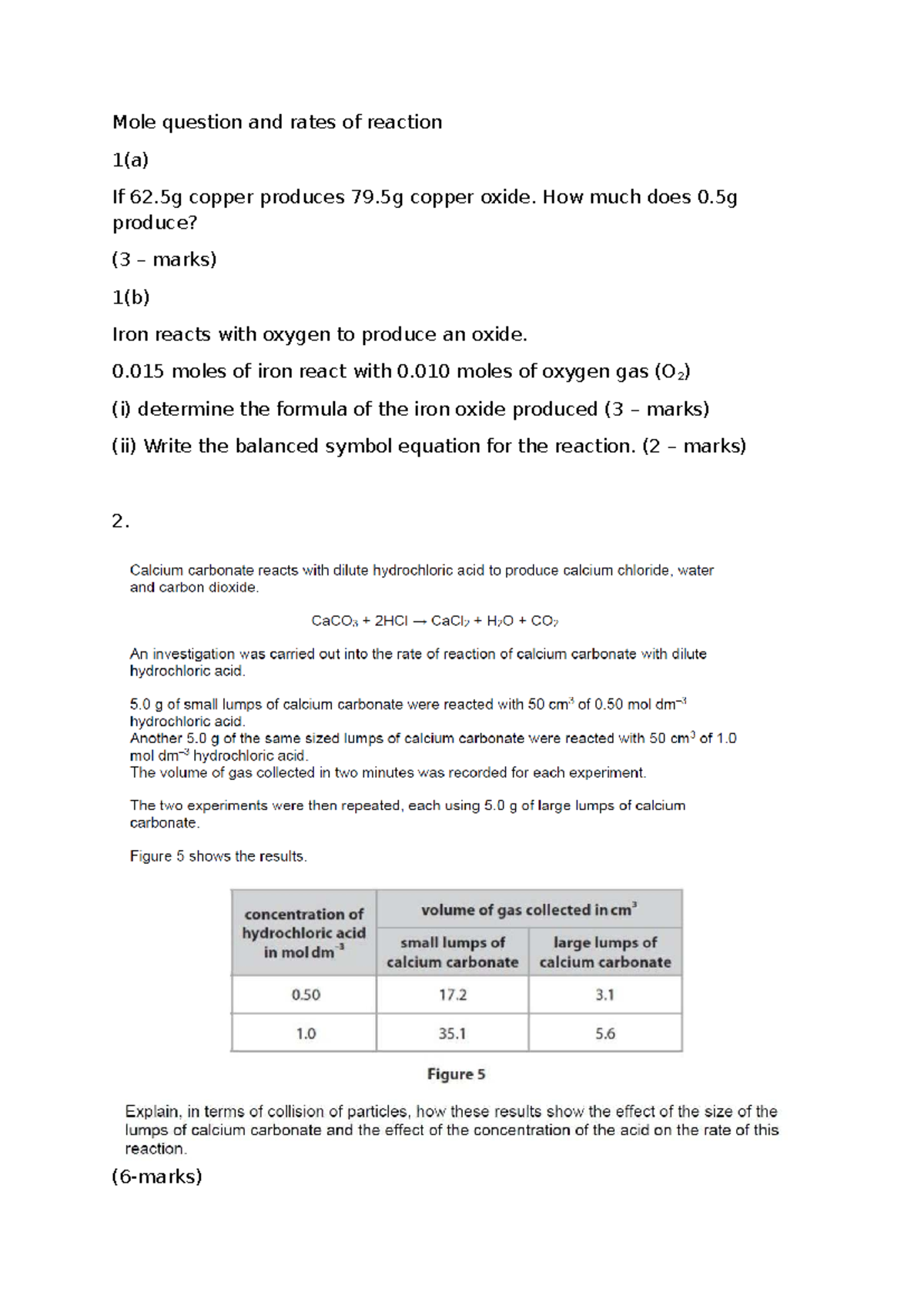 Homework - Mole and rates of reaction questions - SPA6403 - Mole ...