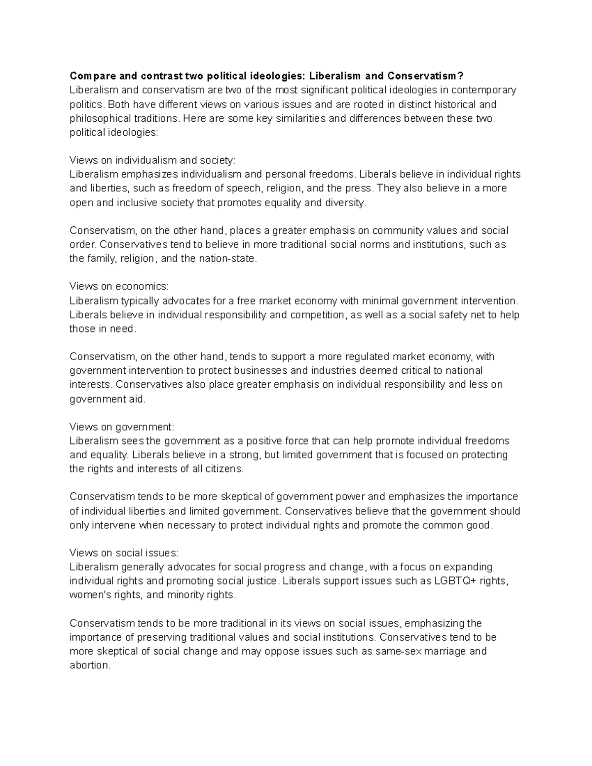 Comparative Study of Political Ideologies: Liberalism vs. Conservatism ...