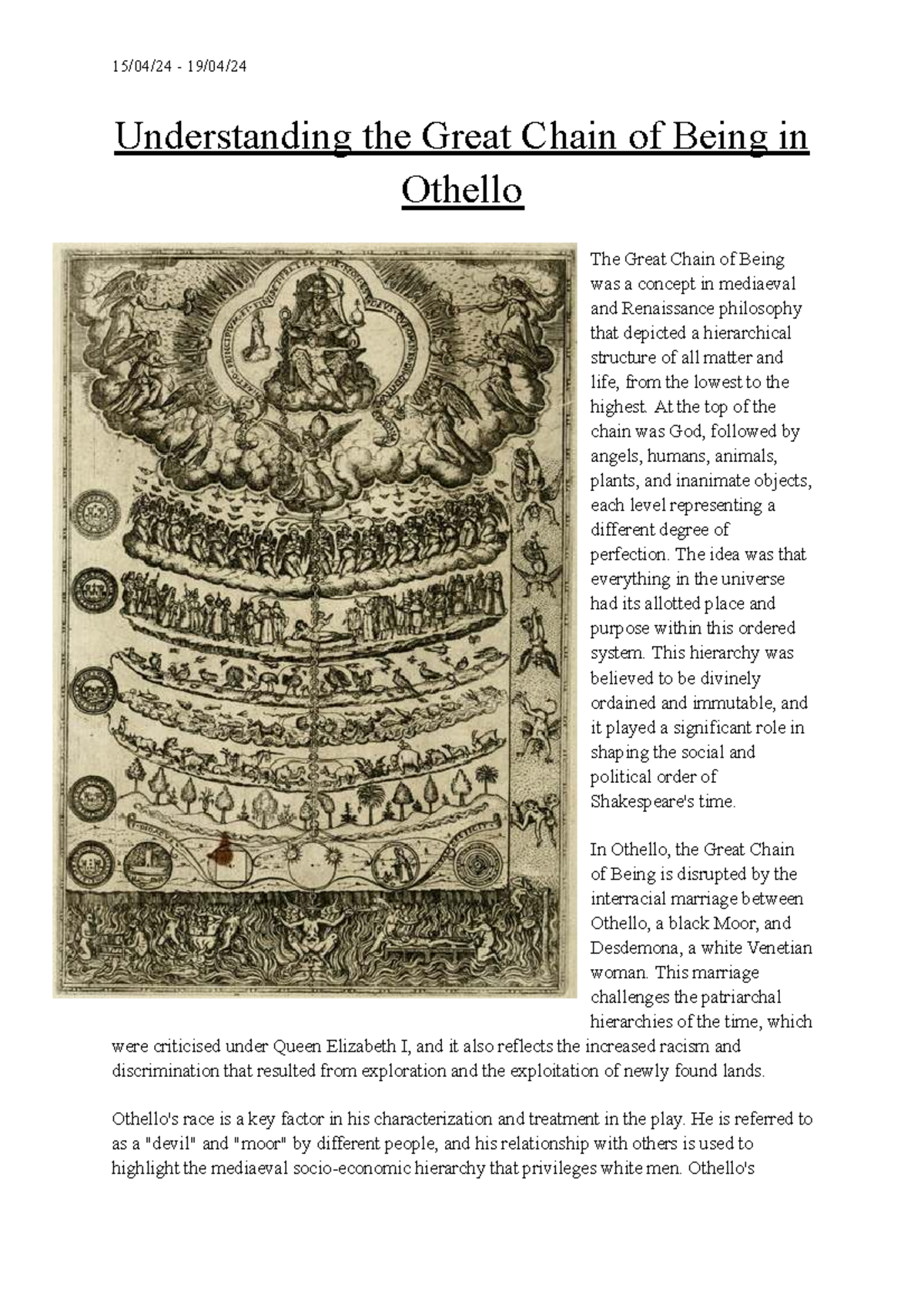 Othello and the Great Chain of Being: A Critical Analysis (LP) - Studocu