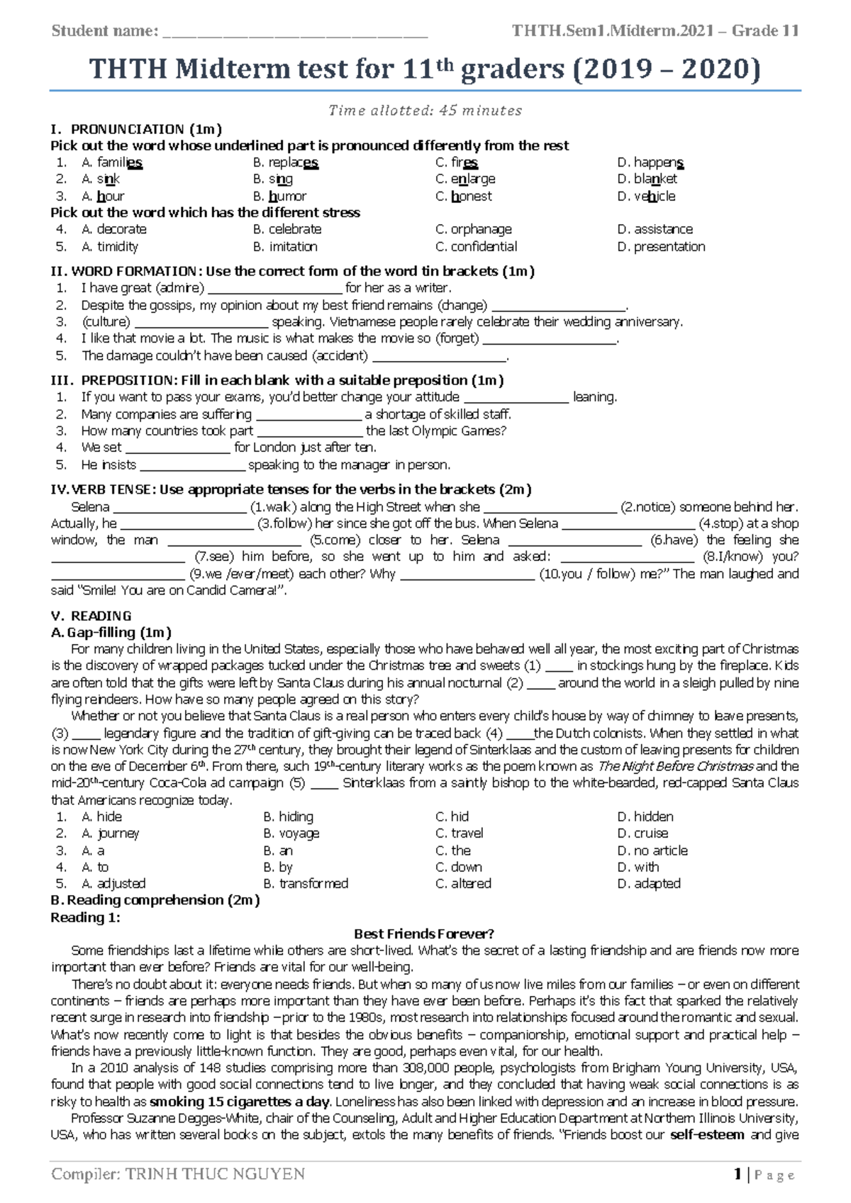 THTH.Sem1.Midterm.2021 Grade 11 English Test - Pronunciation & Reading ...