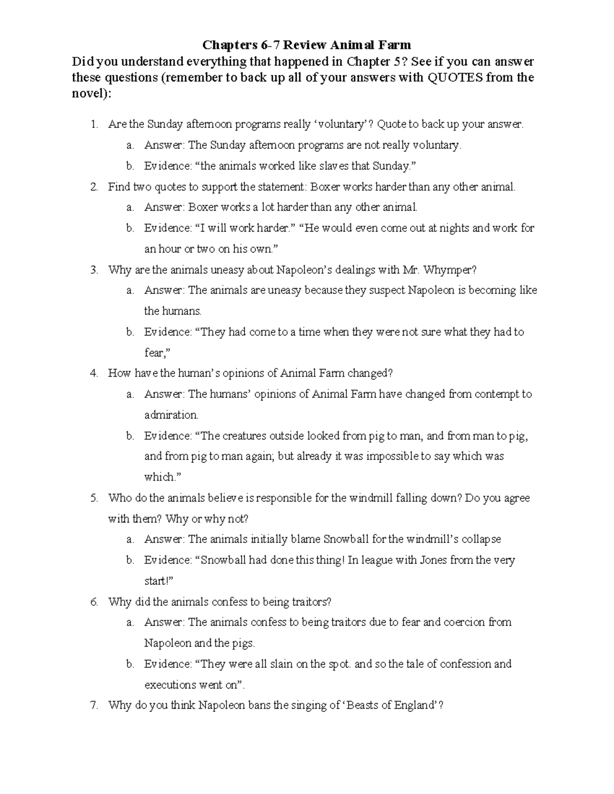 Chapters Review: Animal Farm (Ch. 6-7) Questions & Analysis - Studocu