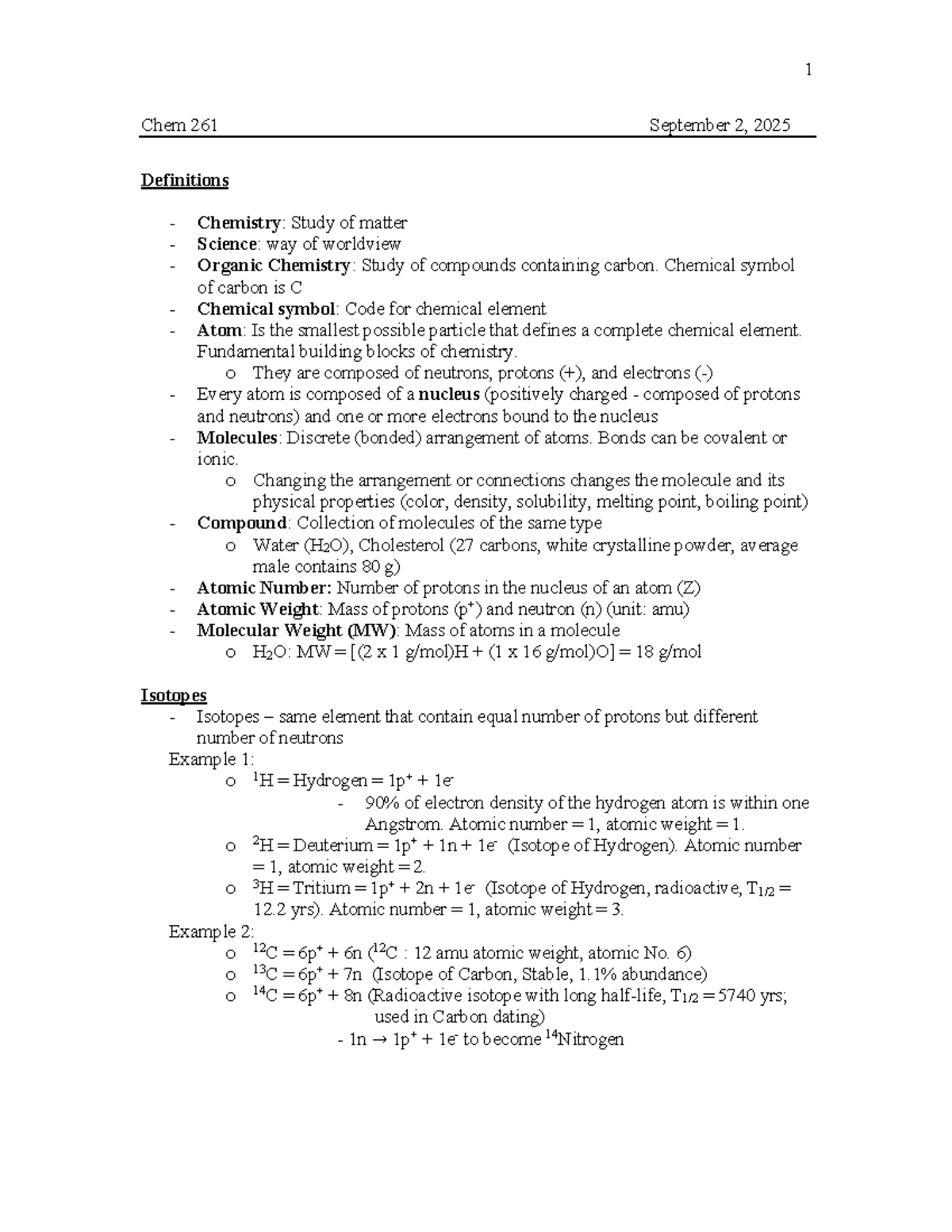 Chem 261 Lecture Notes: Key Definitions in Chemistry (Sep 2, 2025 ...