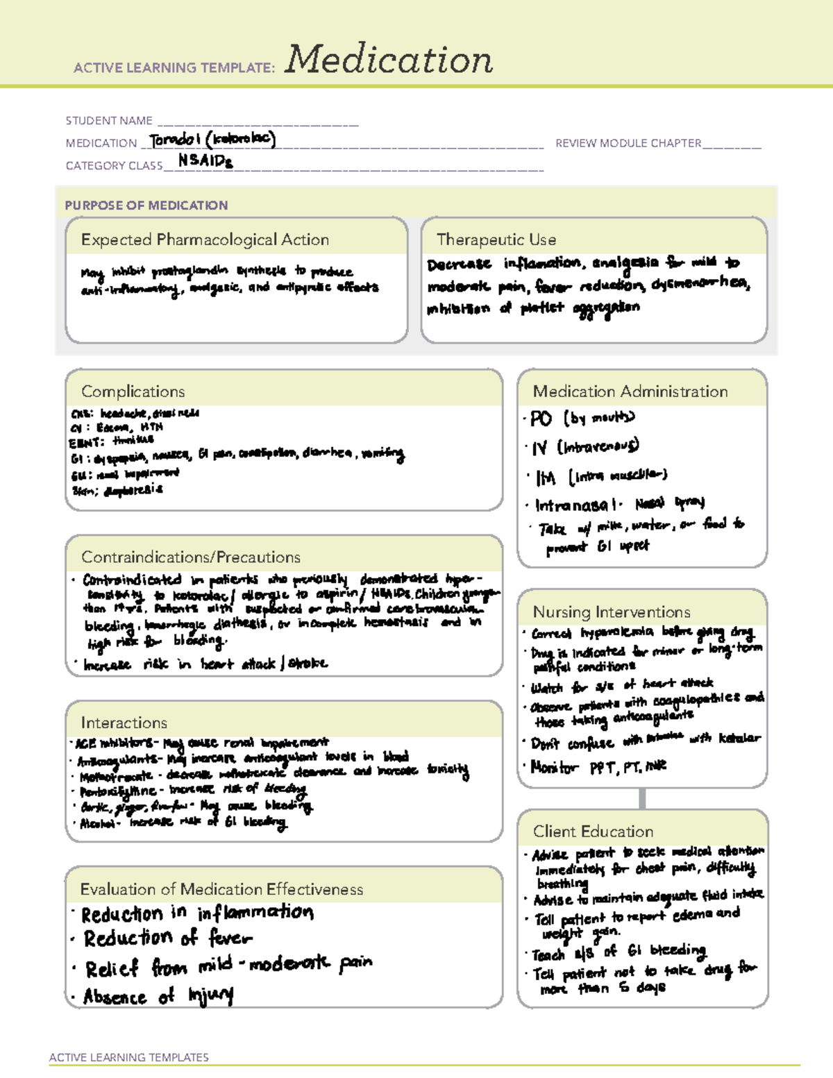 Toradol (Ketorolac) - Active Learning Medication Template - Studocu