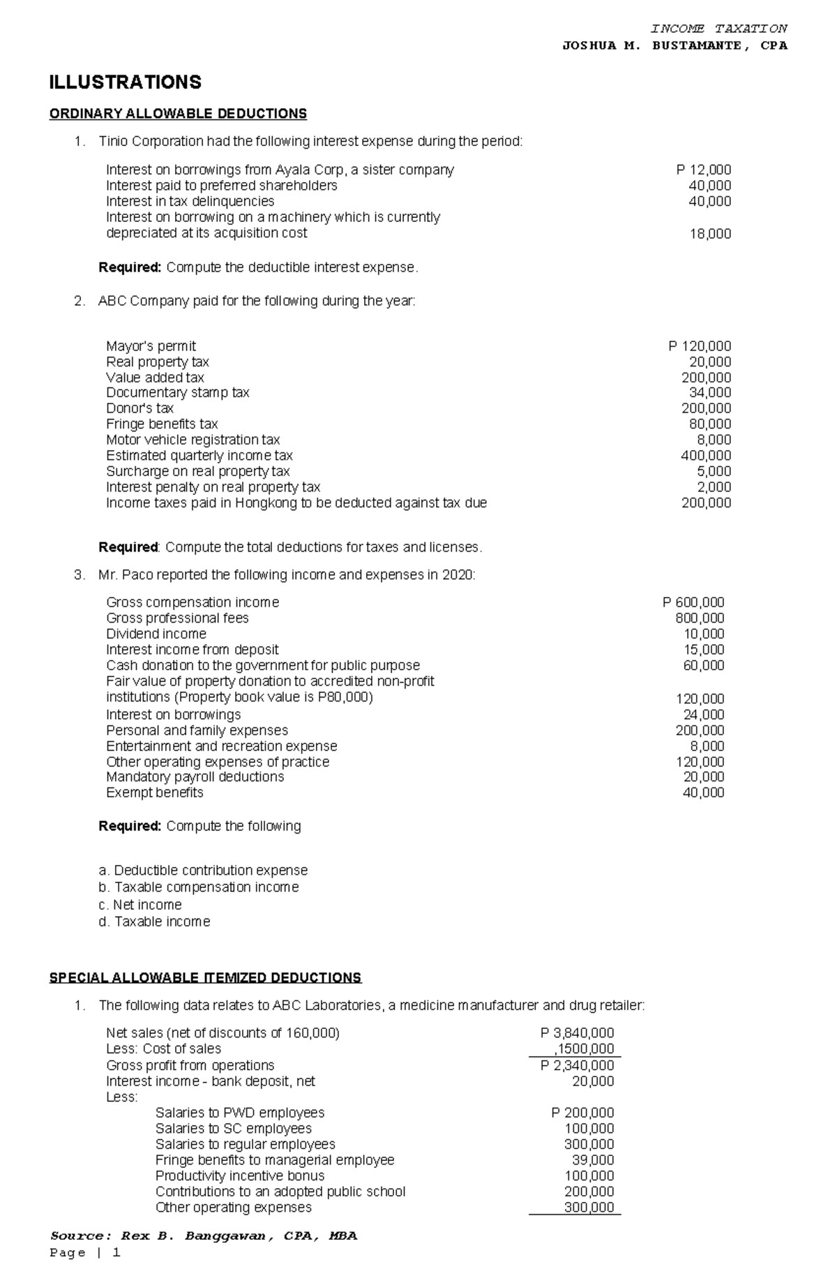 Income Taxation Deductions - Activity Examples & Illustrations - Studocu
