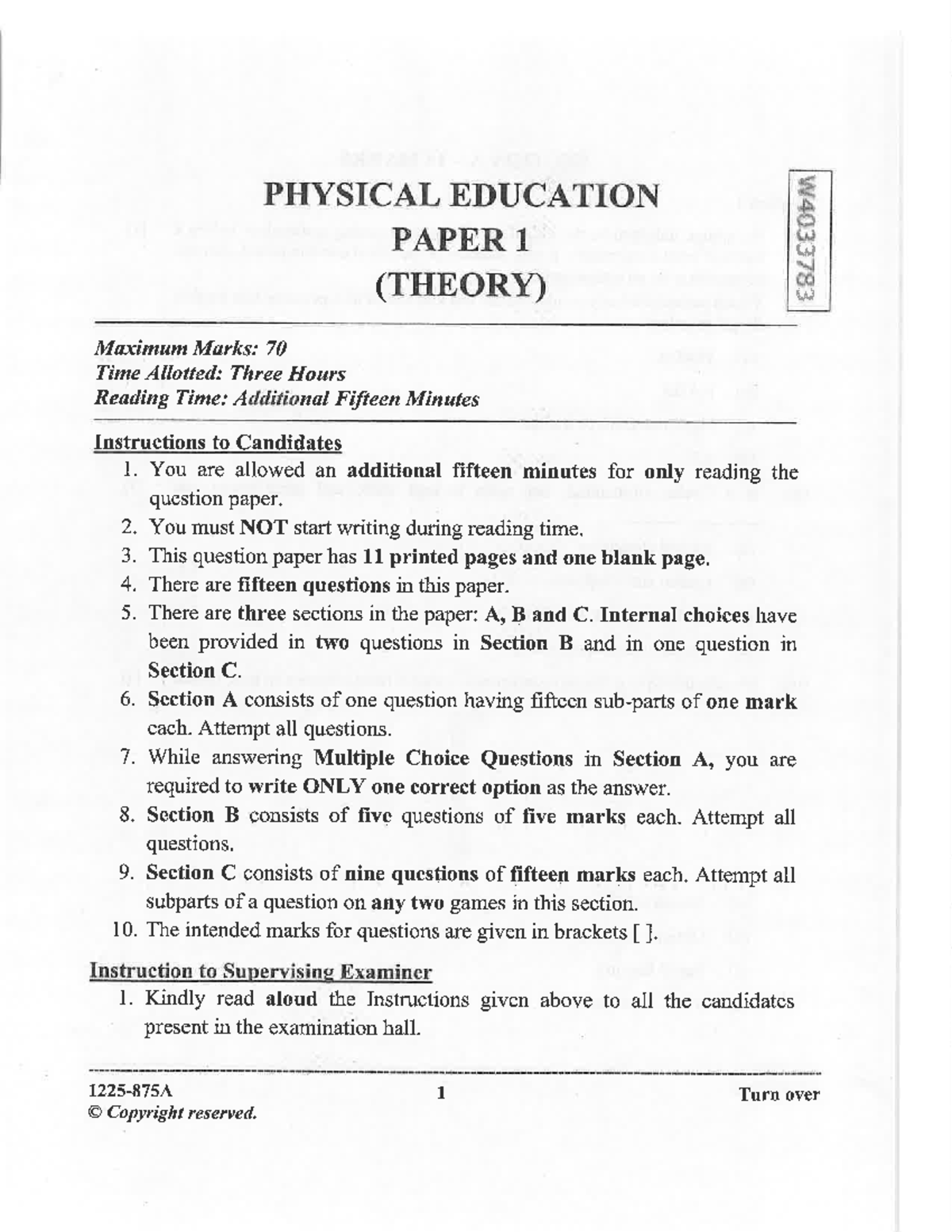 PHYSICAL EDUCATION PAPER 1 W4033783 (THEORY) - 2025 Board Exam - Studocu