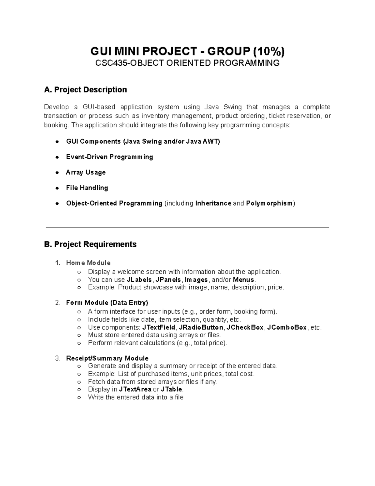 CSC435 GUI Mini Project Guidelines: Java Swing Application Development - Studocu