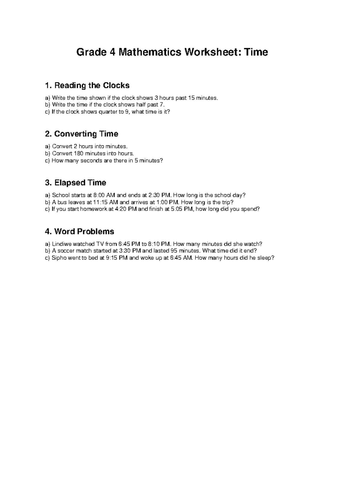 Grade 4 Math Worksheet: Time Concepts & Problems - Studocu