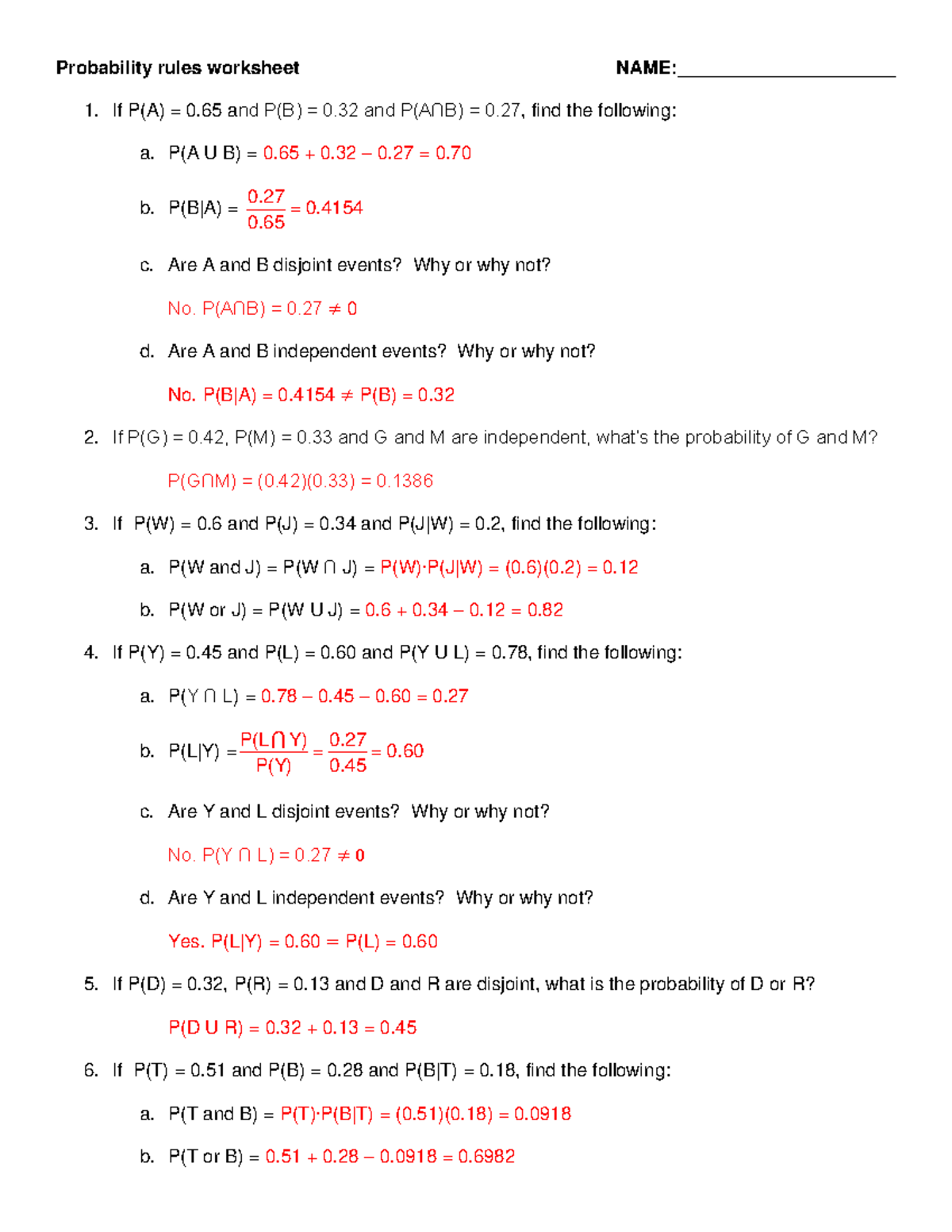 Probability Rules Worksheet 1 - Key Answers - Studocu