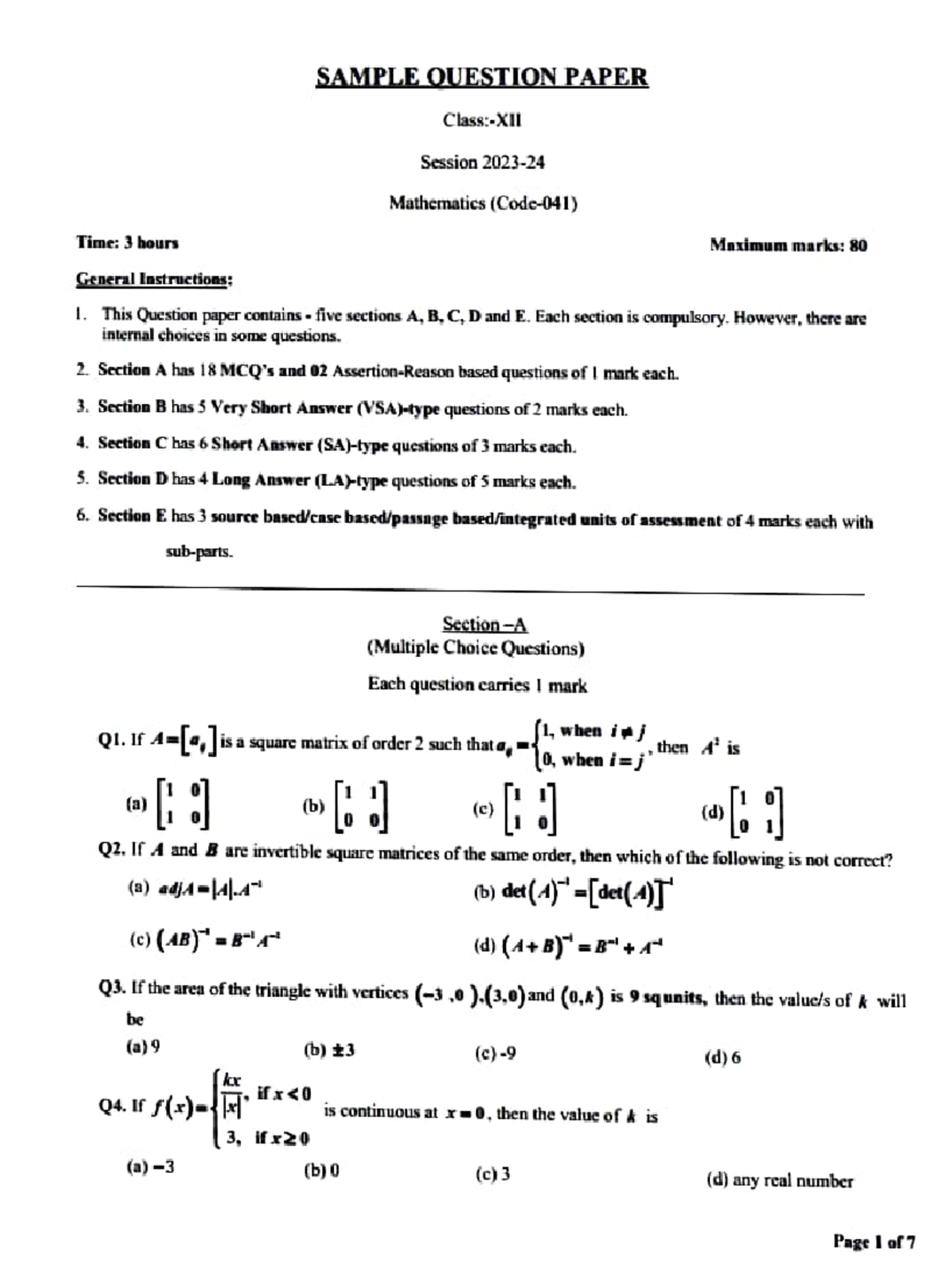 Sample Question Paper CBSE 2023-24: Mathematics Exam Guide - Studocu