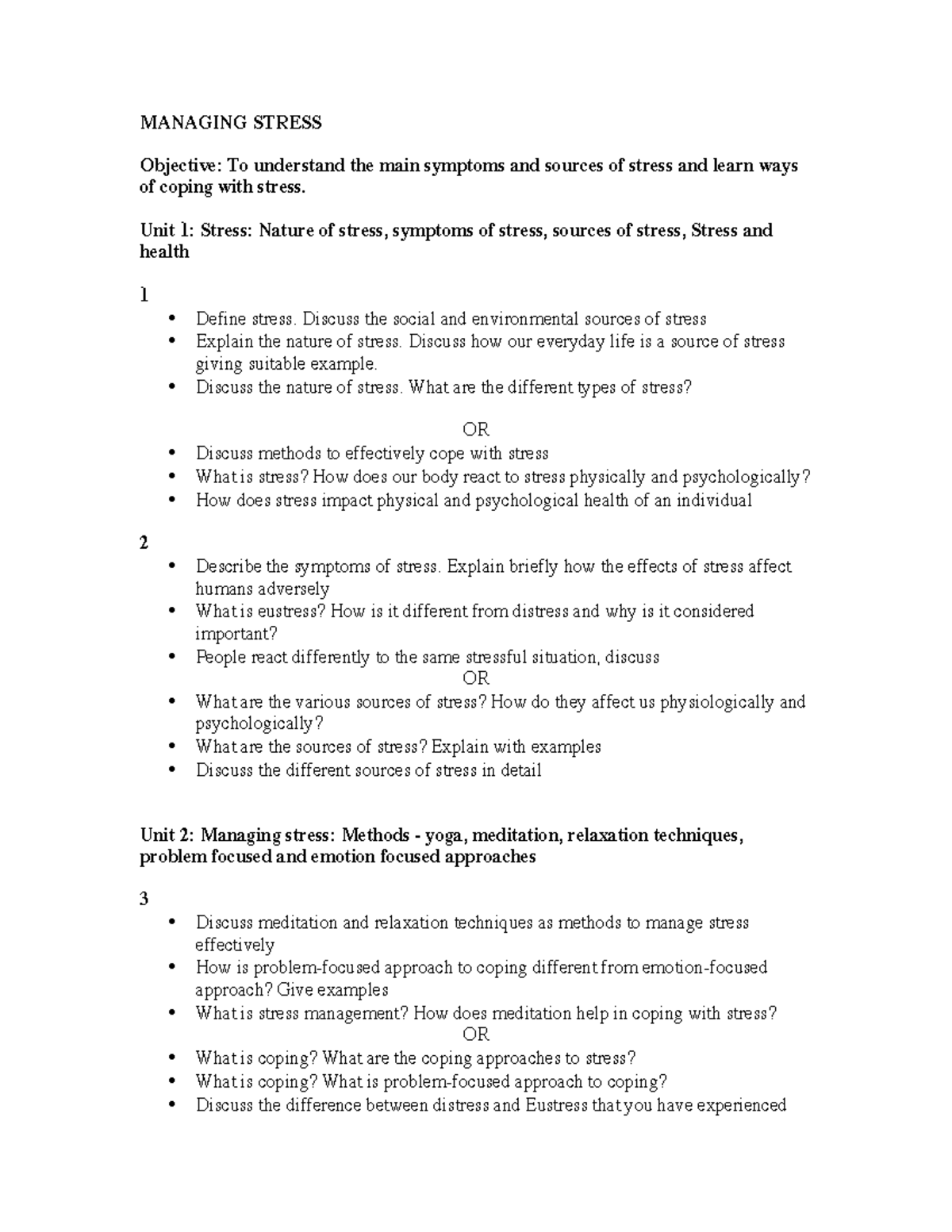 Managing Stress (SEC) Previous Exam Questions and Study Guide - Studocu