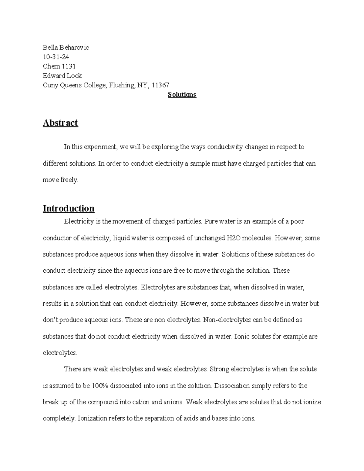 Bella Beharovic- Lab 8 - Chem lab report - Bella Beharovic 10-31- Chem ...